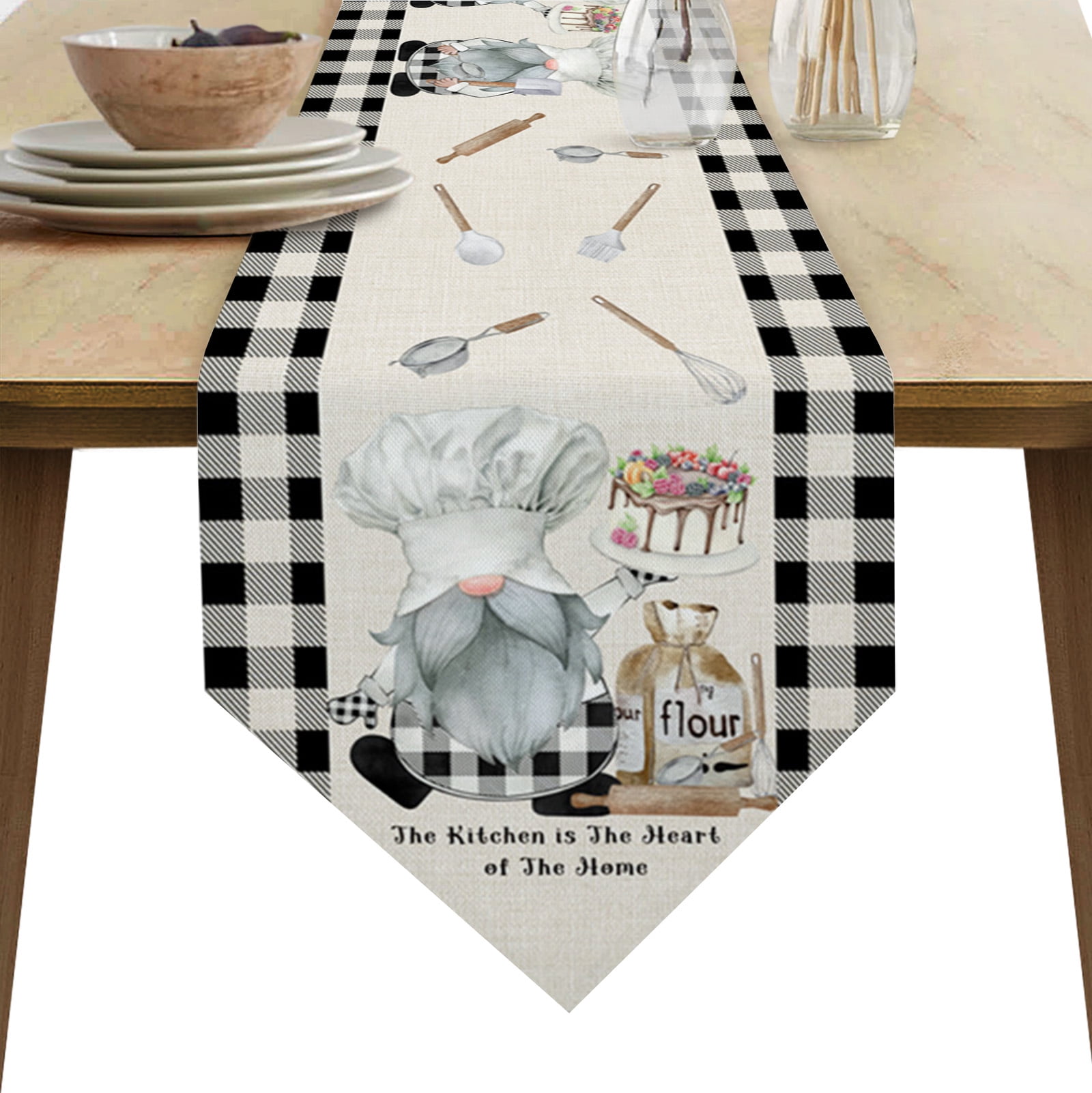 Chef Gnome Plaid Cake Cooking Table Runner Modern Party Dining Table ...