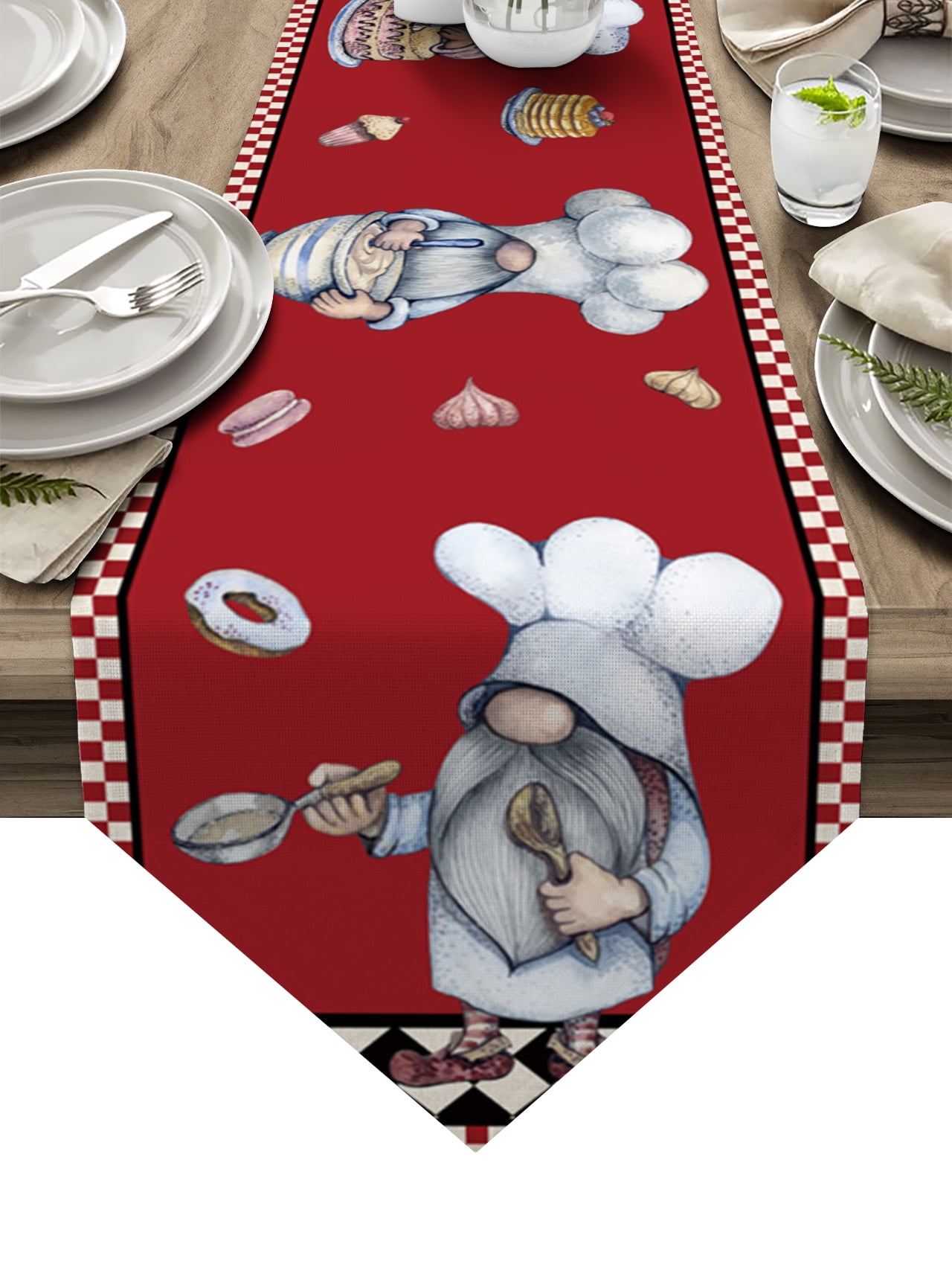 Chef Gnome Plaid Cake Cooking Table Runner Modern Party Dining Table ...