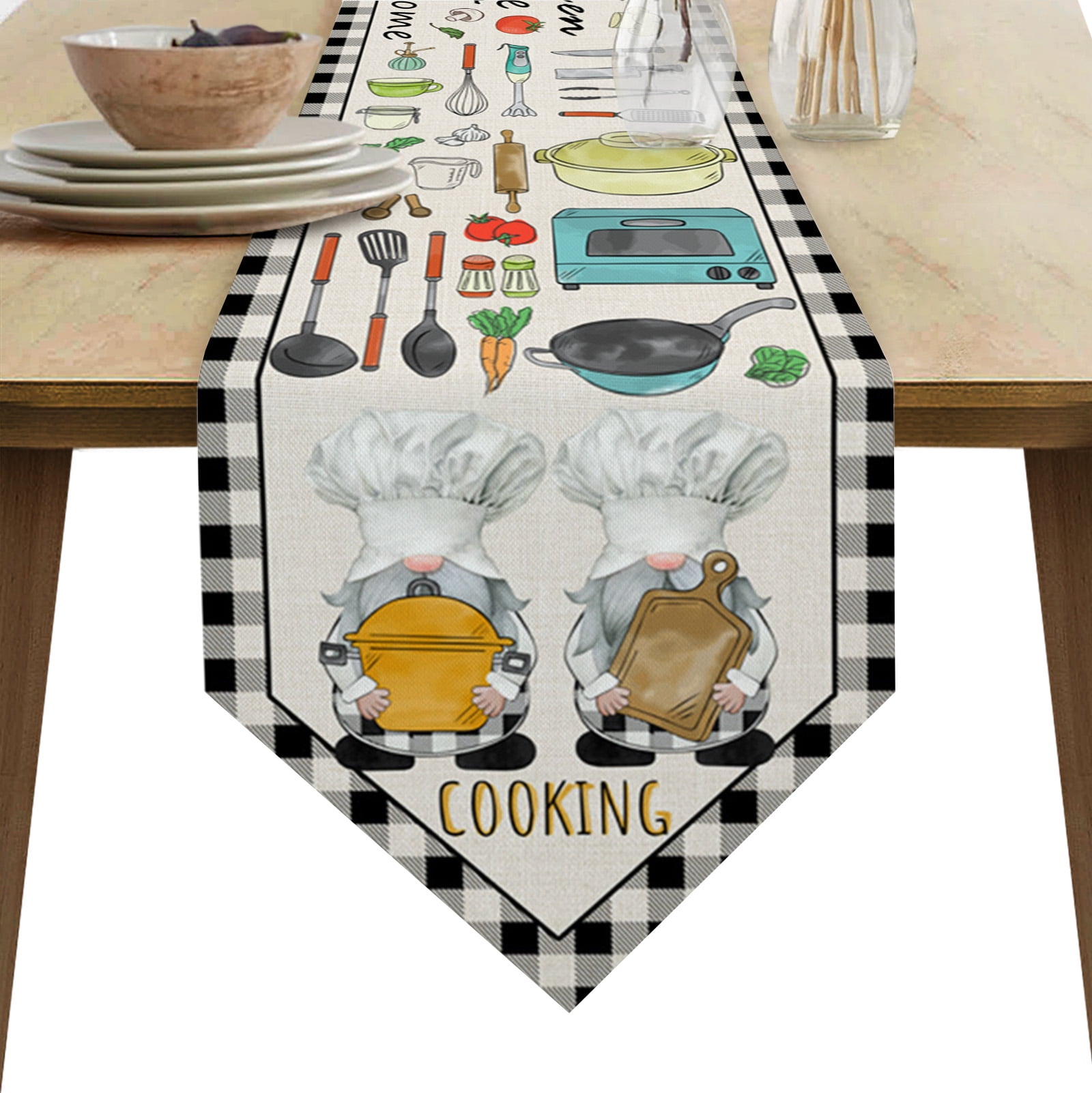 Chef Gnome Plaid Cake Cooking Table Runner Modern Party Dining Table ...