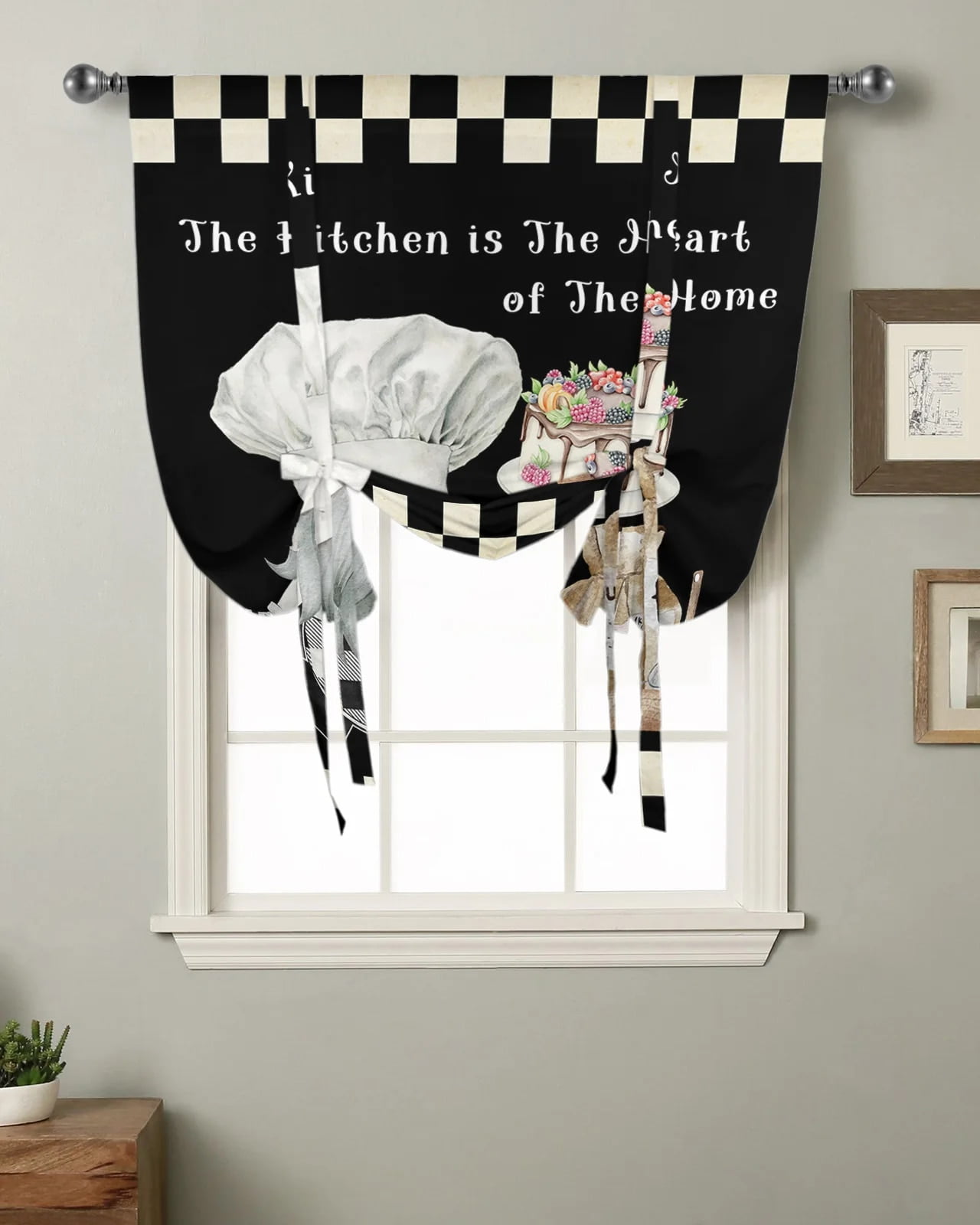 Chef Gnome Plaid Cake Dessert Cooking Kitchen Short Window Curtain Modern Home Decor Small ...