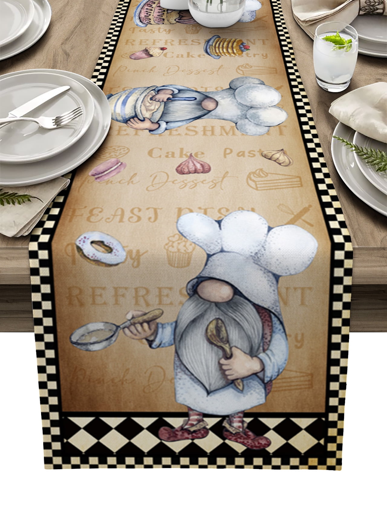 Chef Gnome Plaid Cake Table Runners Kitchen Runner Dinning Wedding ...