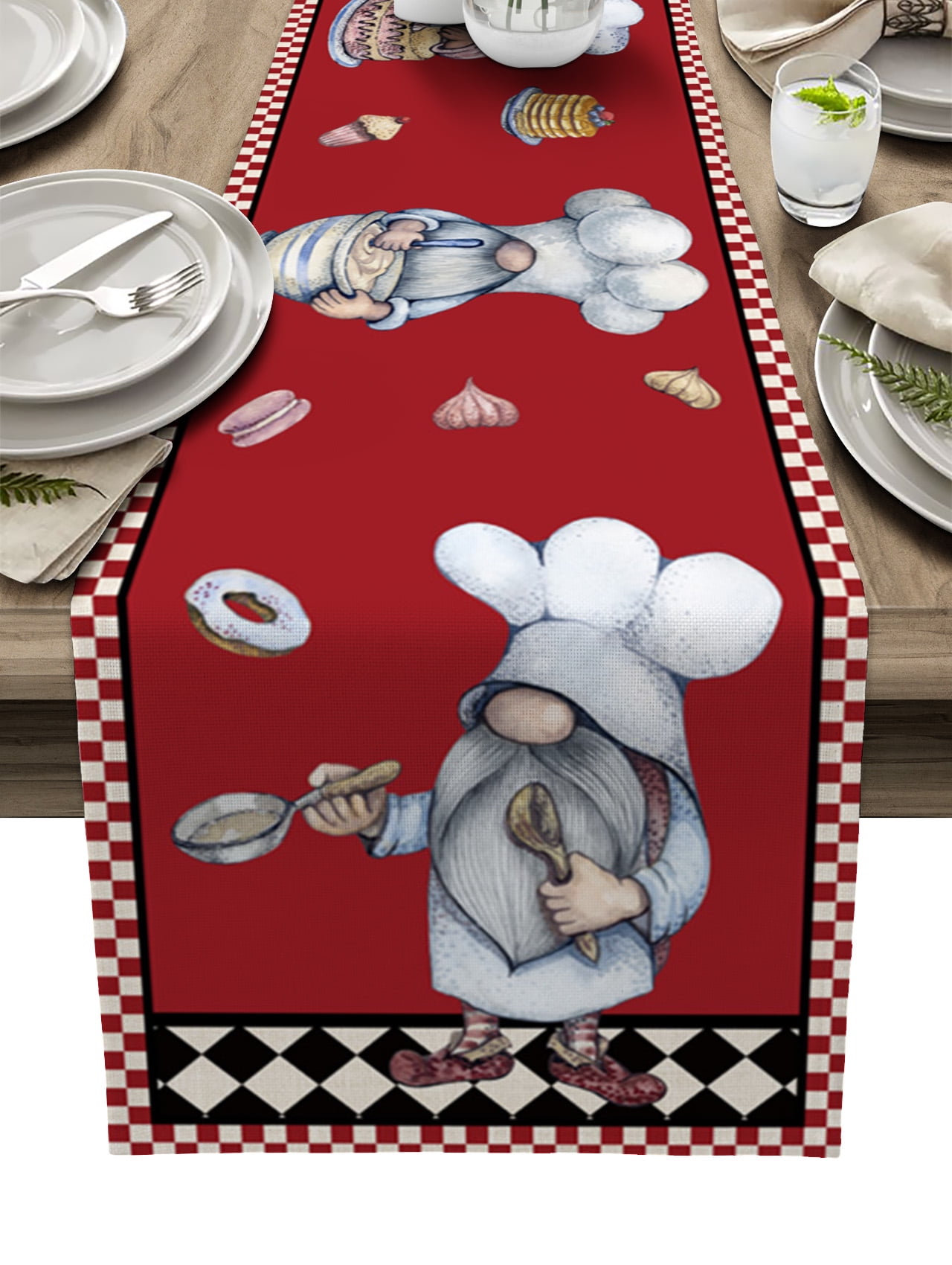 Chef Gnome Plaid Cake Table Runners Kitchen Runner Dinning Wedding ...