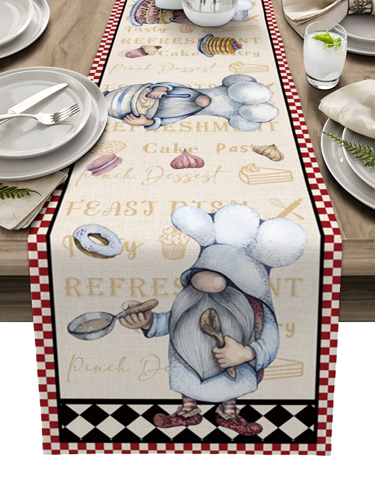 Chef Gnome Plaid Cake Table Runners Kitchen Runner Dinning Wedding ...