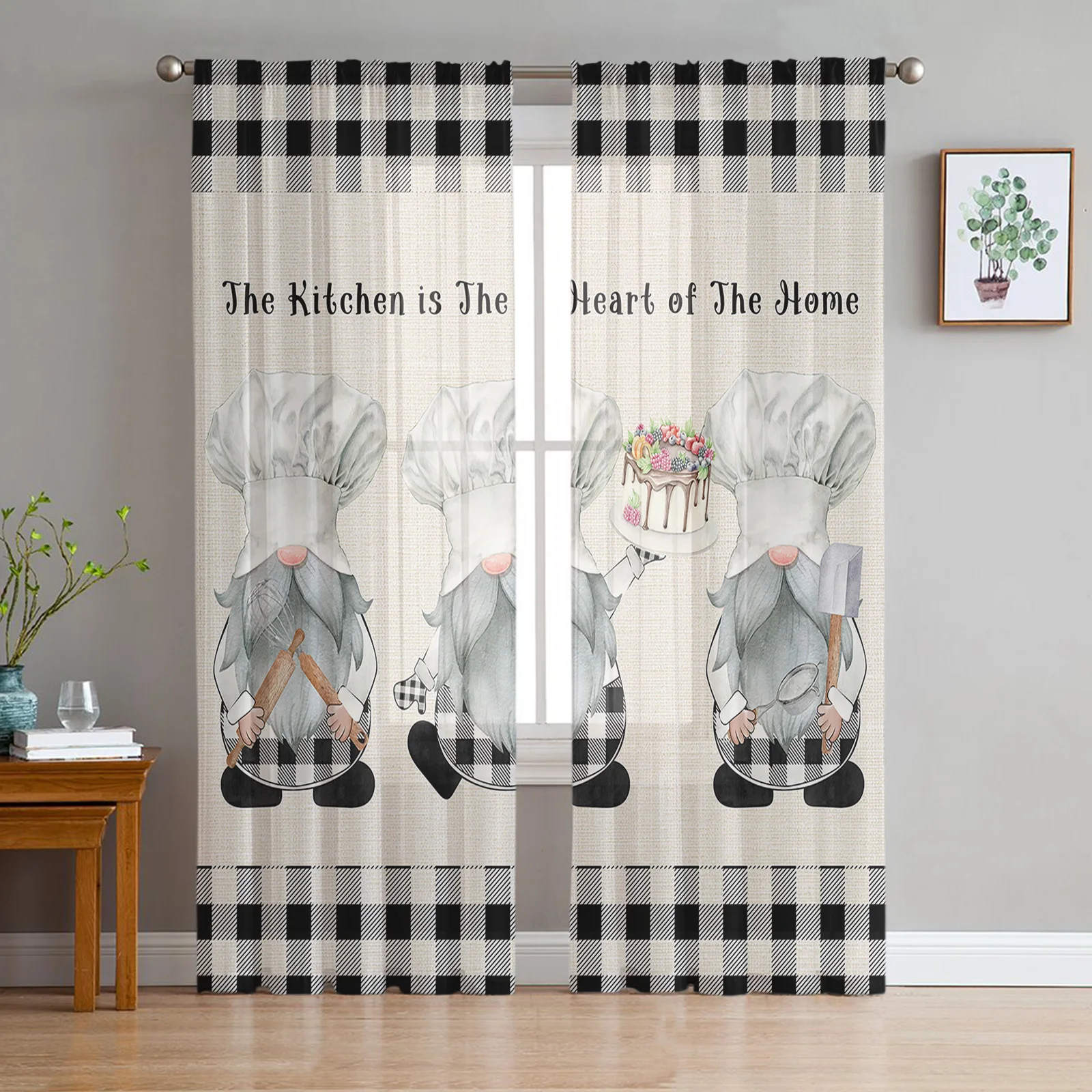 Chef Gnome Plaid Cake Tulle Sheer Curtain for Living Room Adults Kid ...