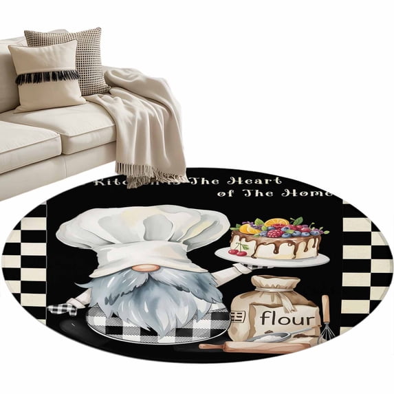 Chef Gnomes 3ft Area Rug, Black White Plaid Dessert Maker Cake Washable ...
