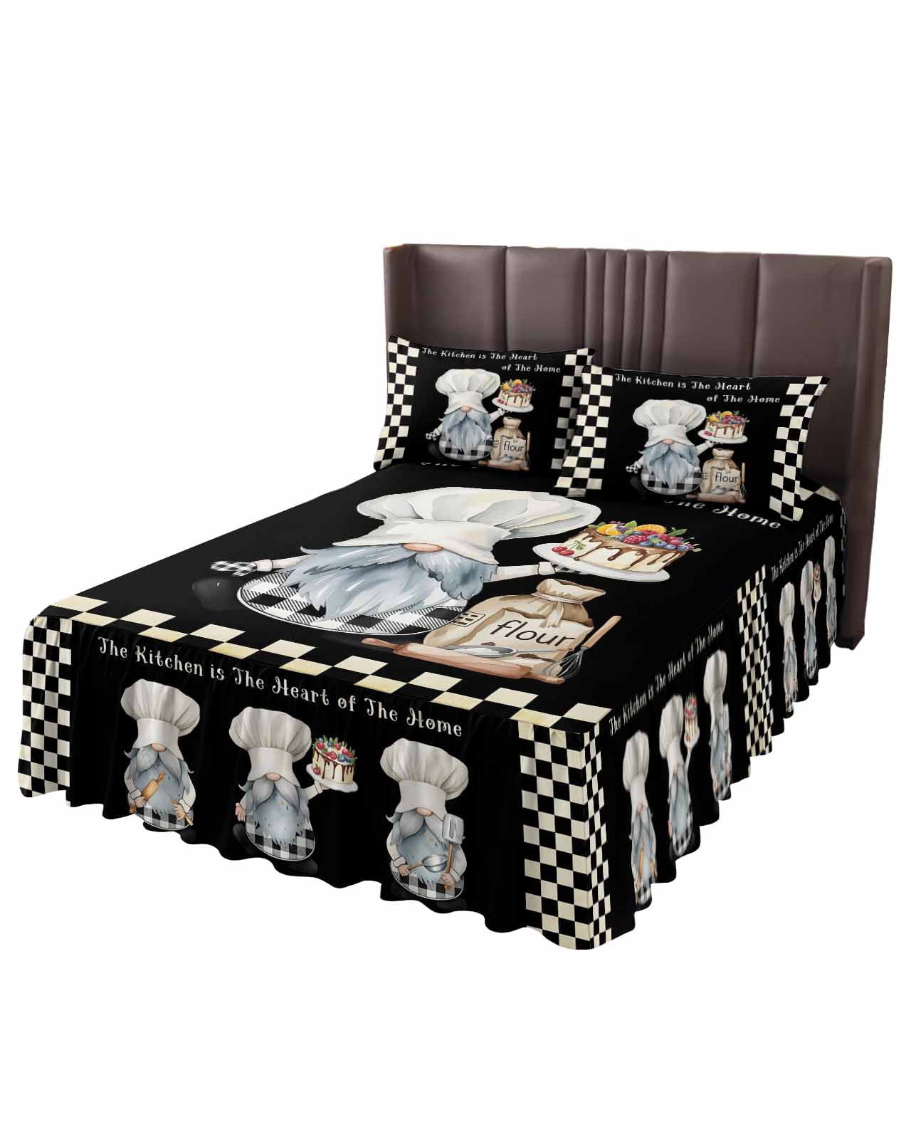 Chef Gnomes Bed Skirt Queen Size 18 Inch Drop, Rustic Black White Paid ...