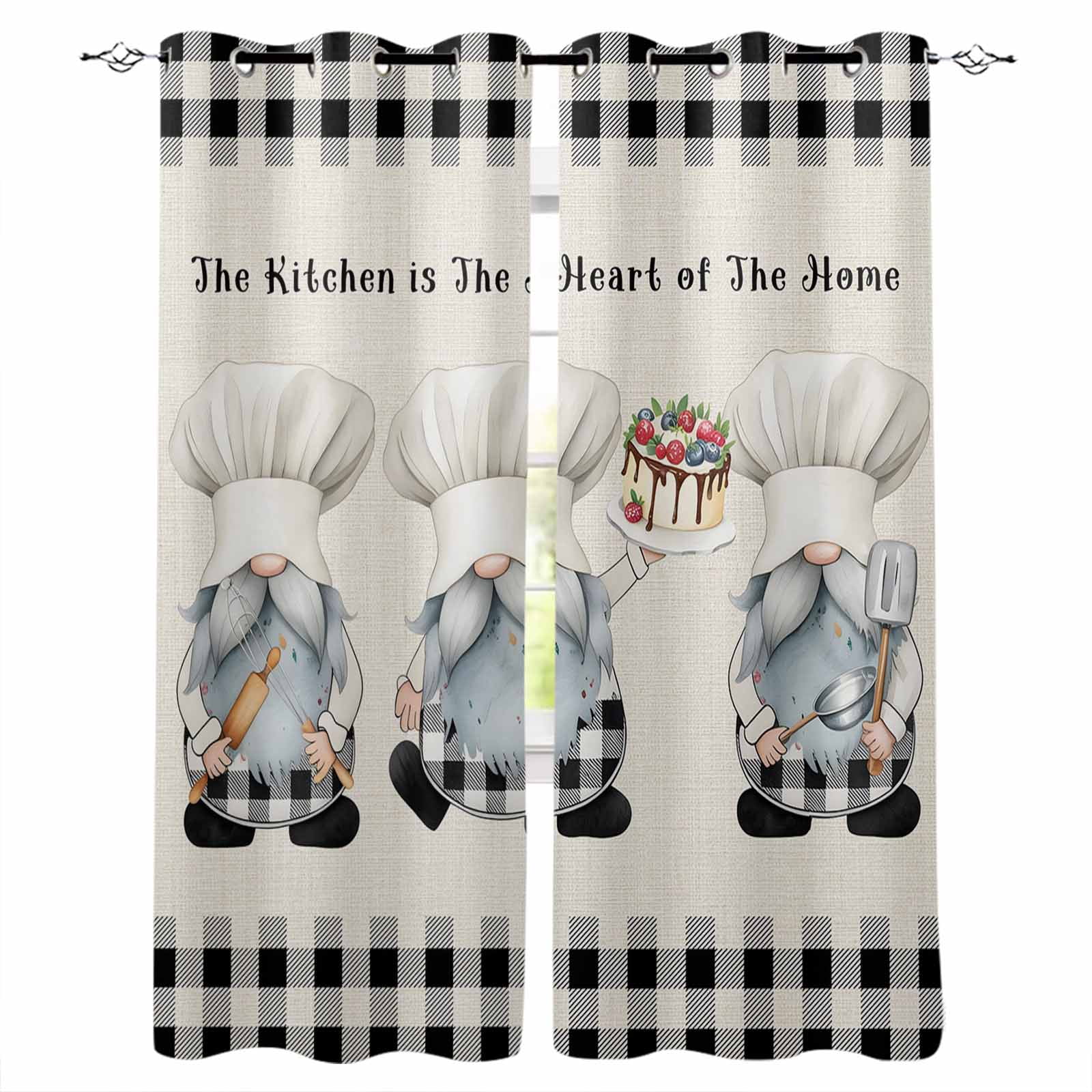 Chef Gnomes Blackout Curtains 84 Inches Long, Black Grey Plaid Cake ...