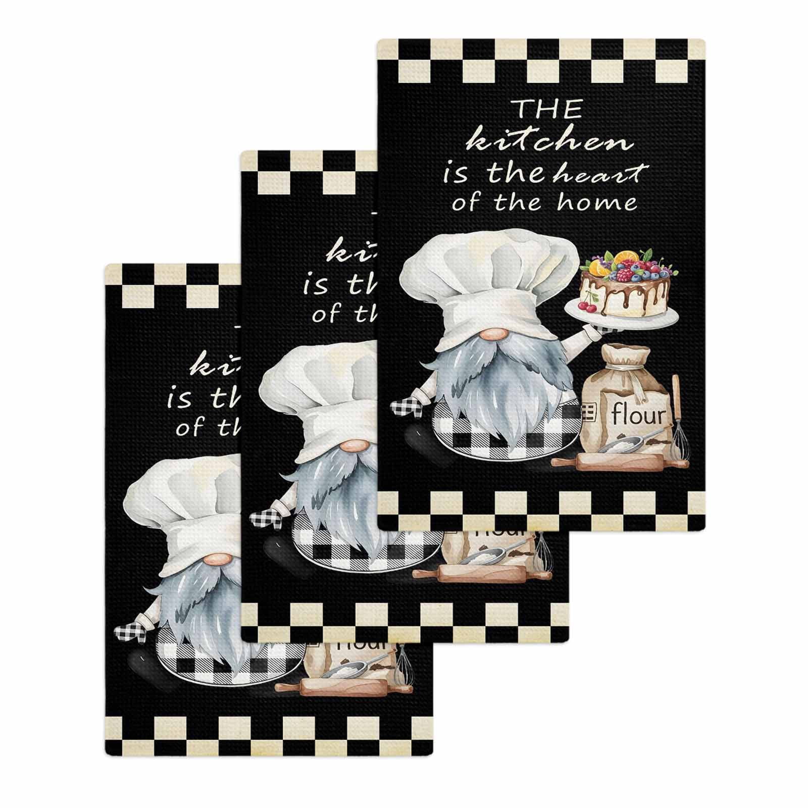 Chef Gnomes Kitchen Dish Towels for Drying Dishes Set of 3, Black White ...