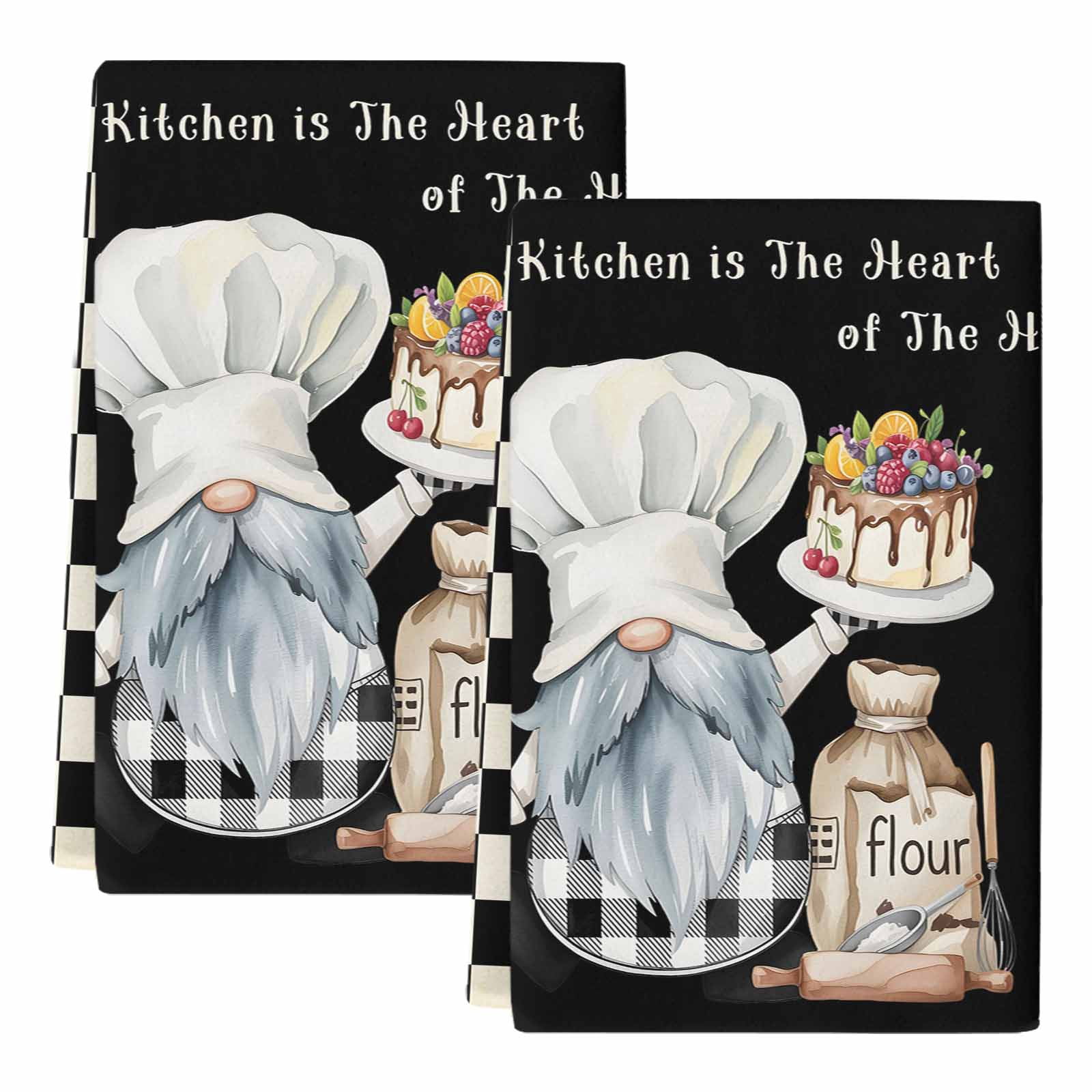 Chef Gnomes Kitchen Towels Set of 2, Rustic Black White Paid Dessert ...