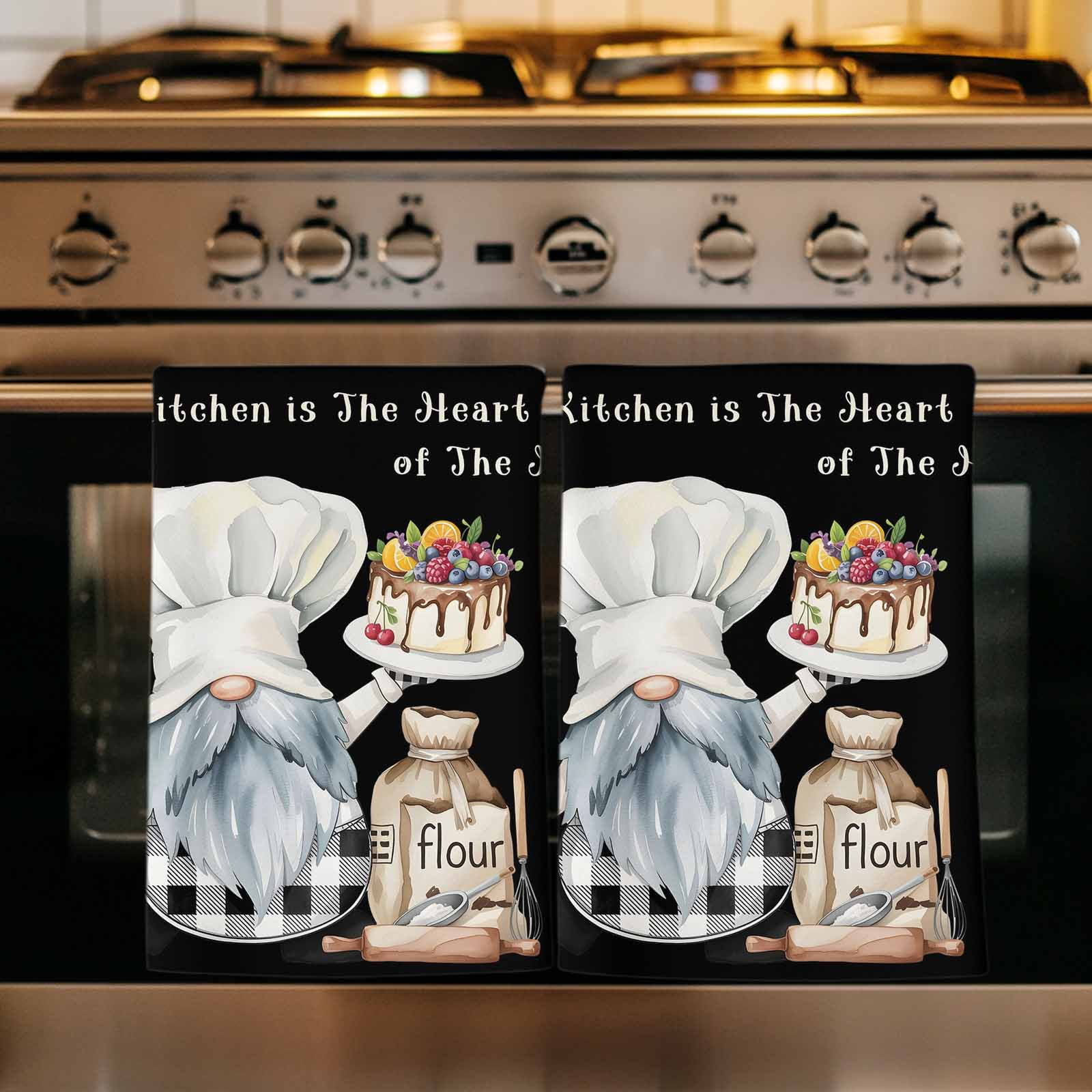 Chef Gnomes Kitchen Towels Set of 4, Black White Plaid Dessert Maker ...