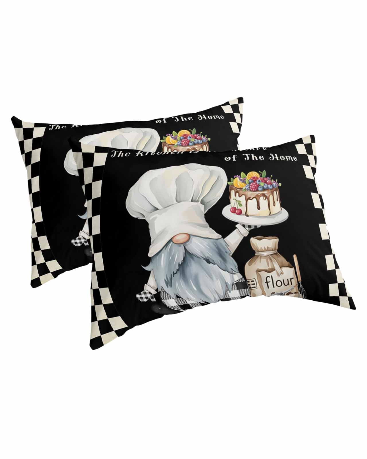 Chef Gnomes Pillow Covers Queen Size 2 Pack, Black White Plaid Dessert ...