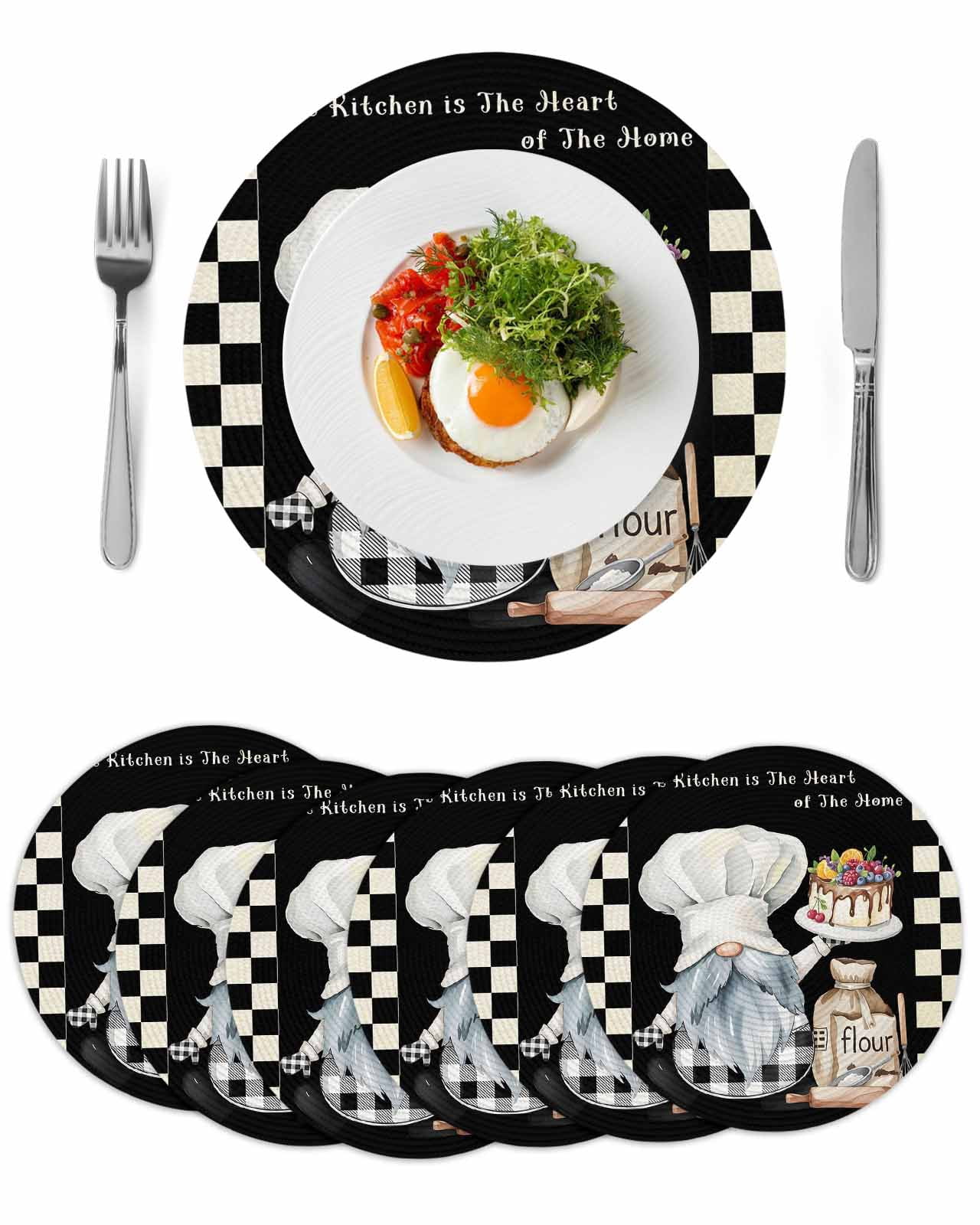 Chef Gnomes Round 13 Inch Placemats Set of 6, Black White Plaid Dessert ...