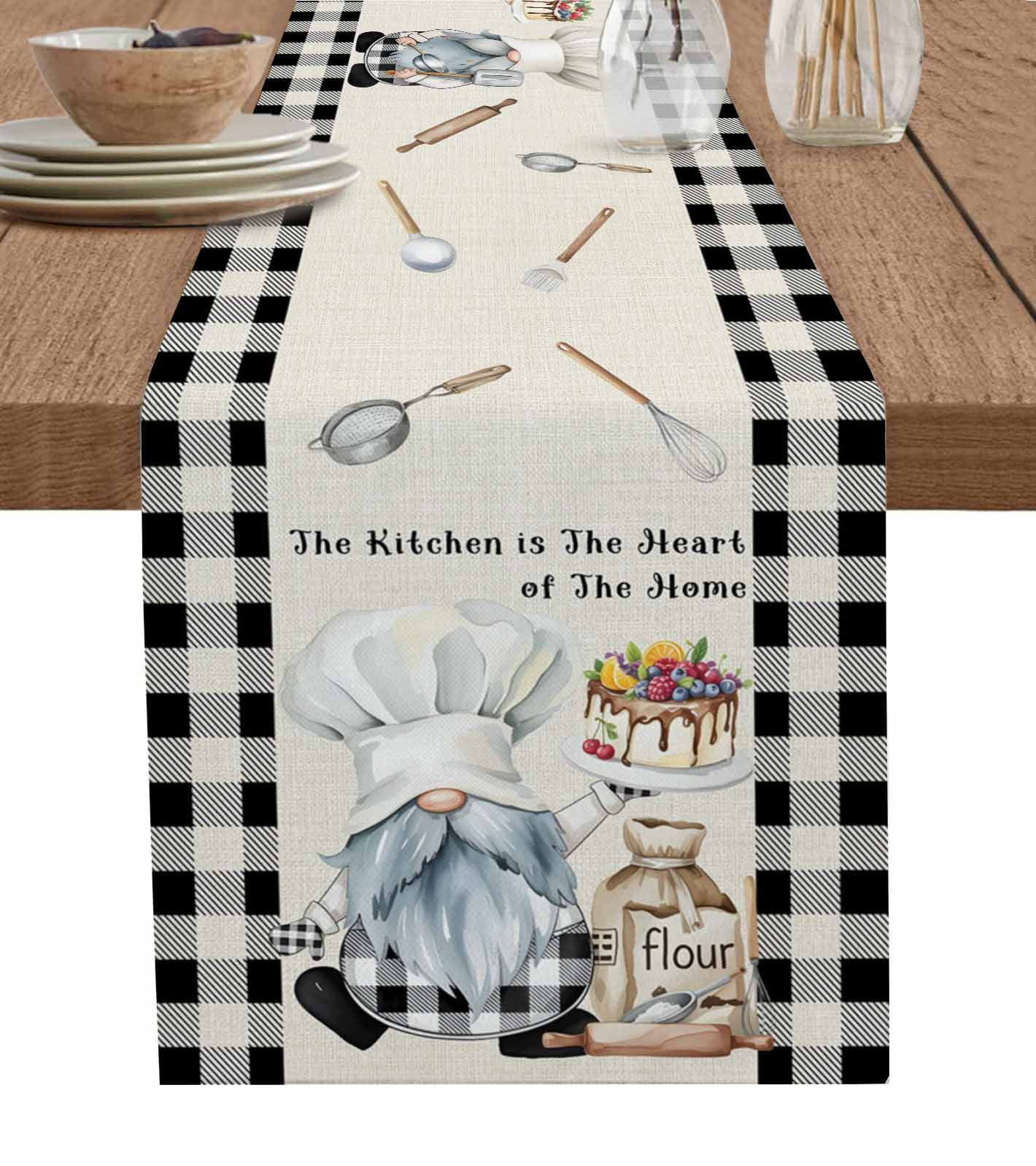 Chef Gnomes Table Runner 72 Inches, Black Grey Grid Buffalo Plaid Cake ...