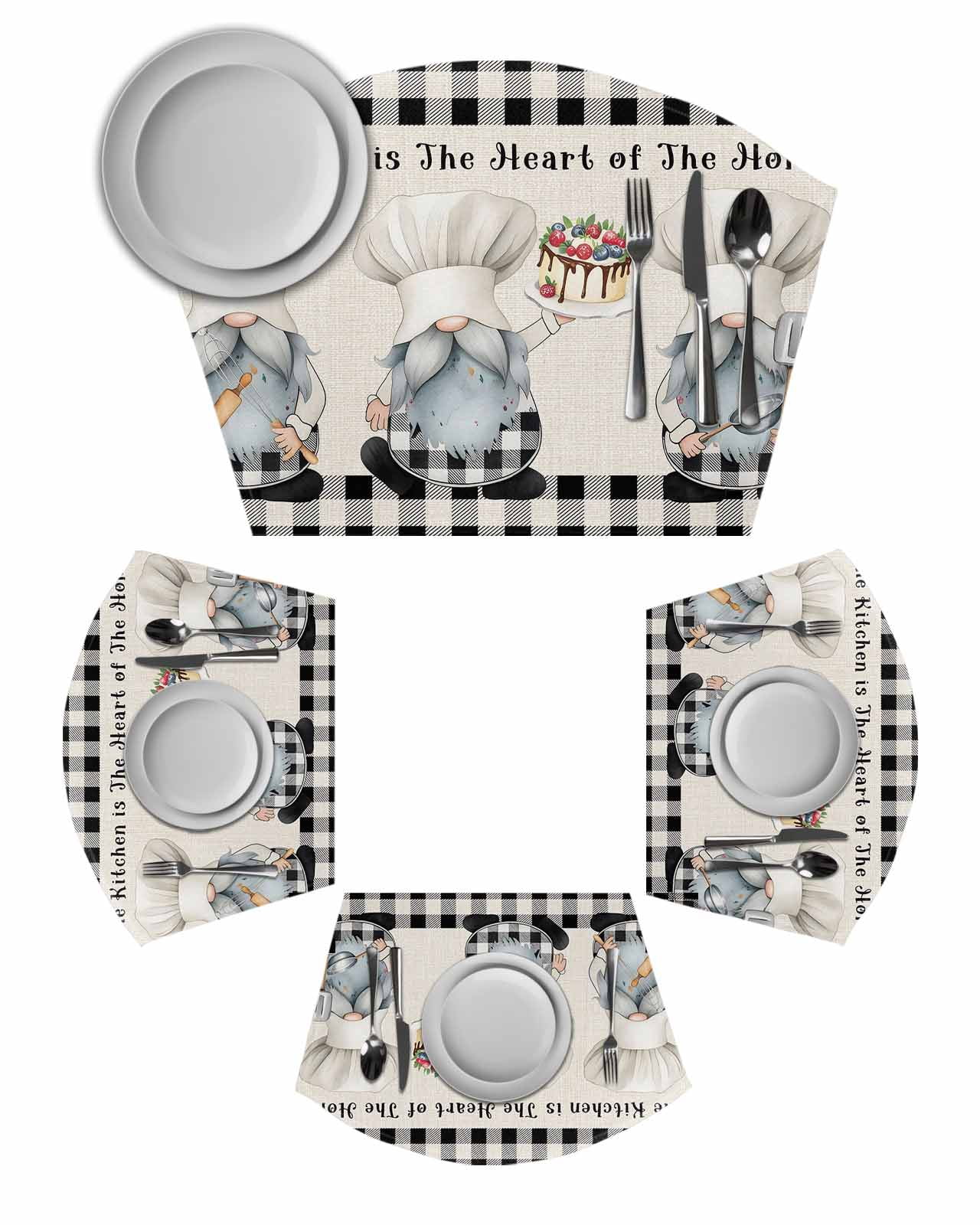 Chef Gnomes Wedge Shaped Placemats Set of 6, Cotton Linen Fan Place ...