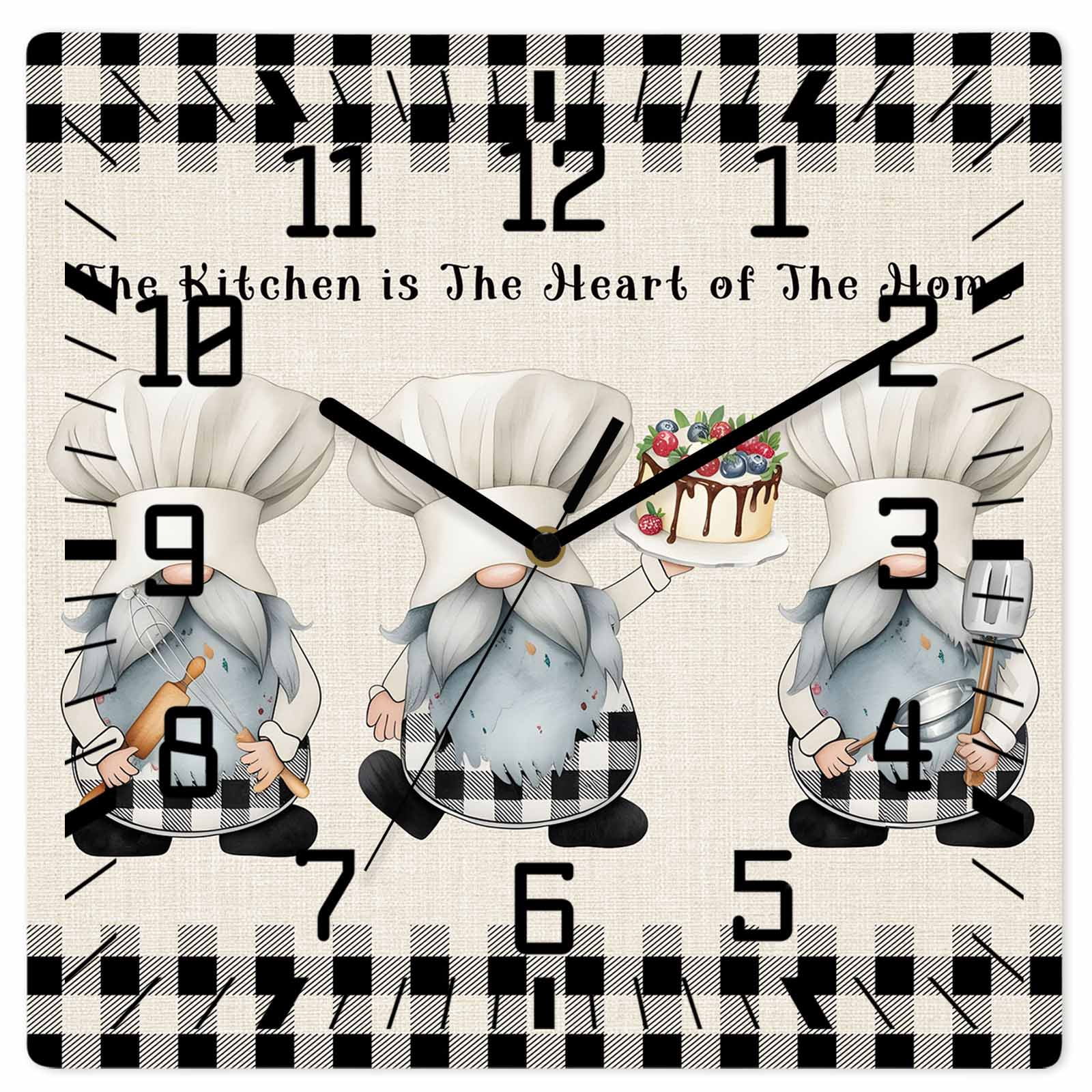 Chef Gnomes Wooden Wall Clock Silent Non Ticking, Black Grey Plaid Cake ...