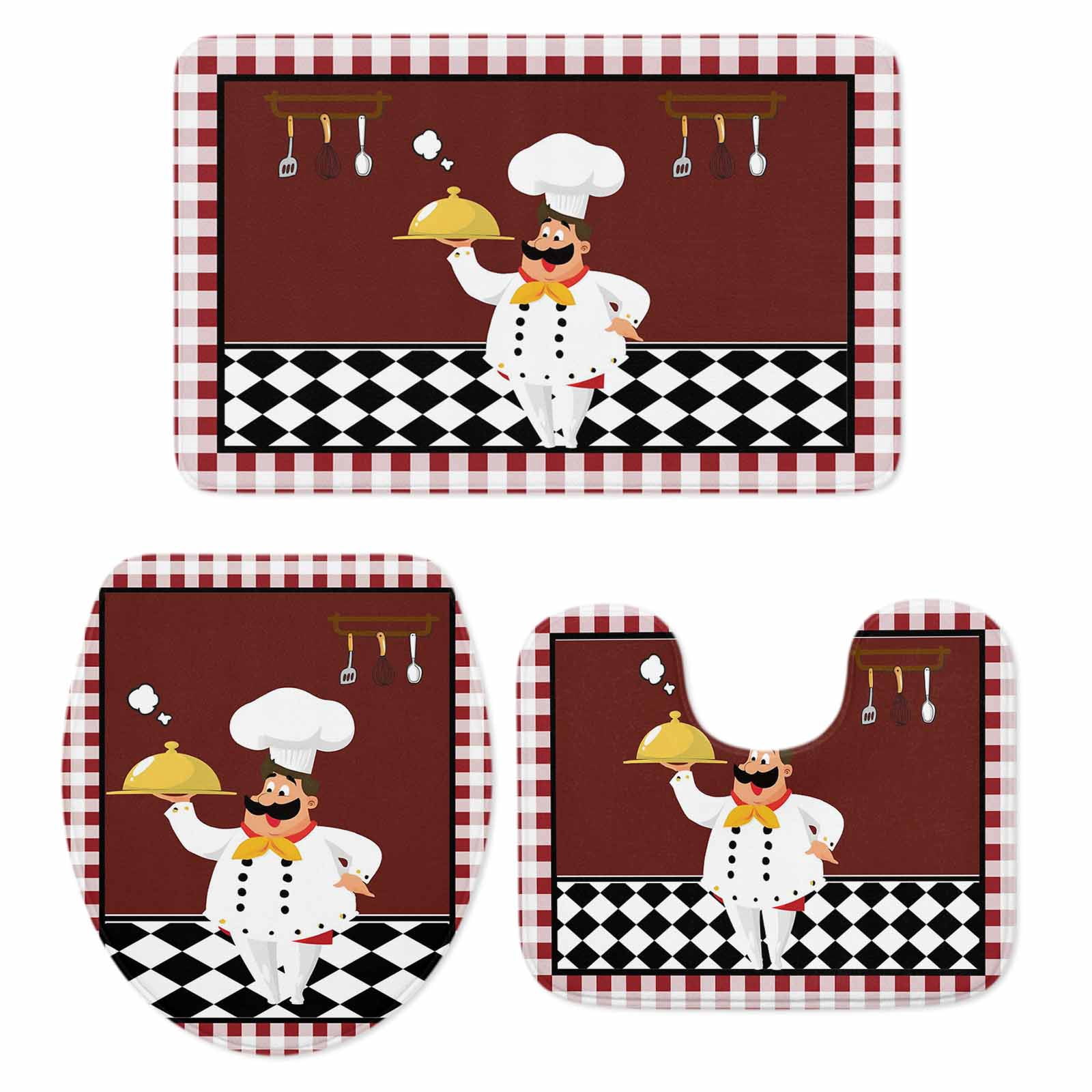 Chef Gourmet Bathroom Rugs Set Red Plaid Kitchen Vintage Farmhouse Non ...