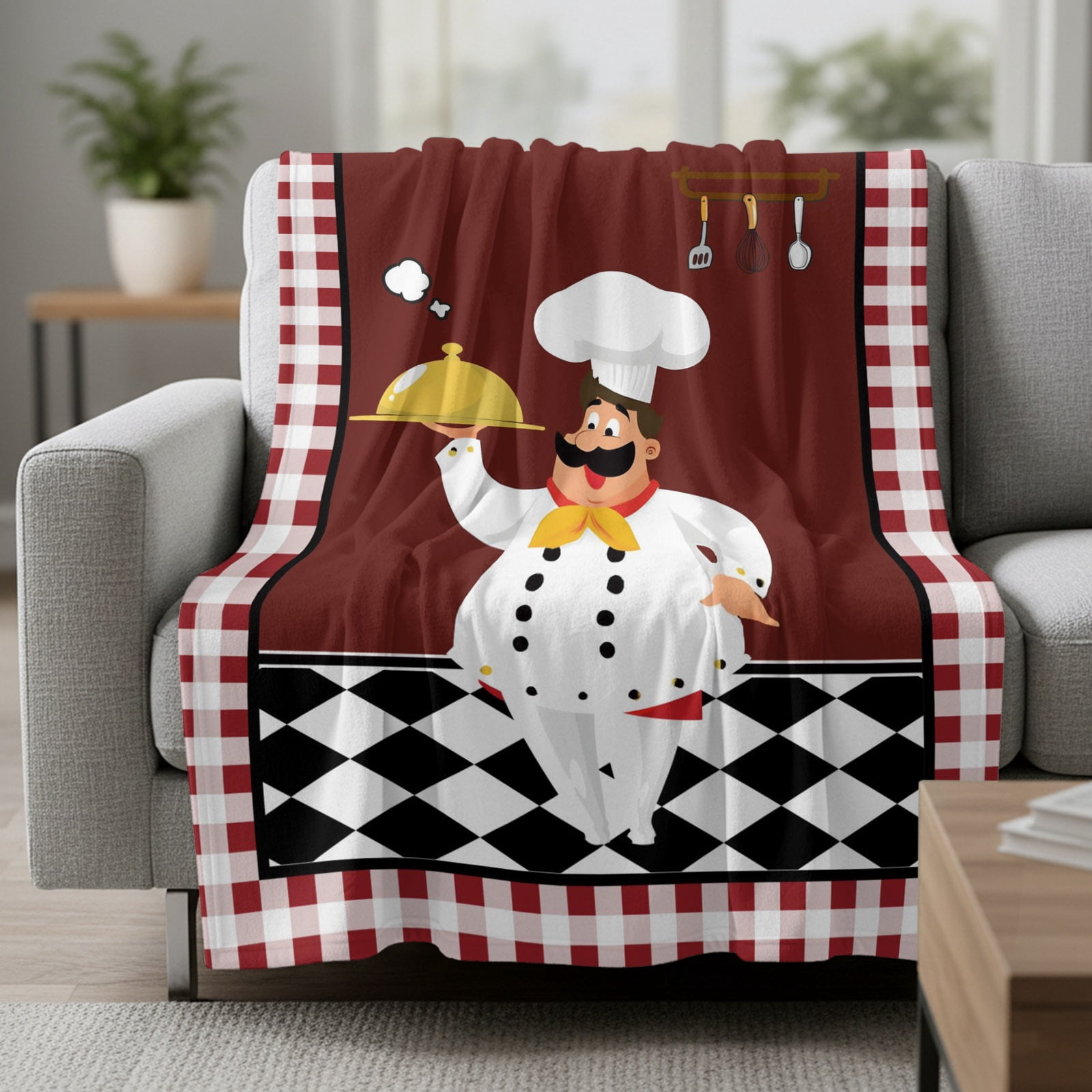 Chef Gourmet Fleece Throw Blanket Red Plaid Kitchen Vintage Farmhouse ...