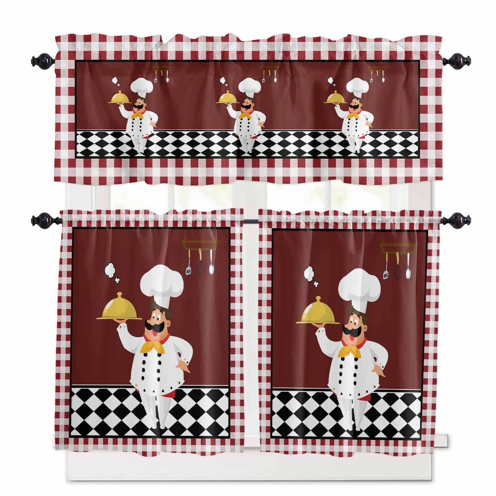 Chef Gourmet Kitchen Curtains Valance and Tier Set Red Plaid Kitchen ...
