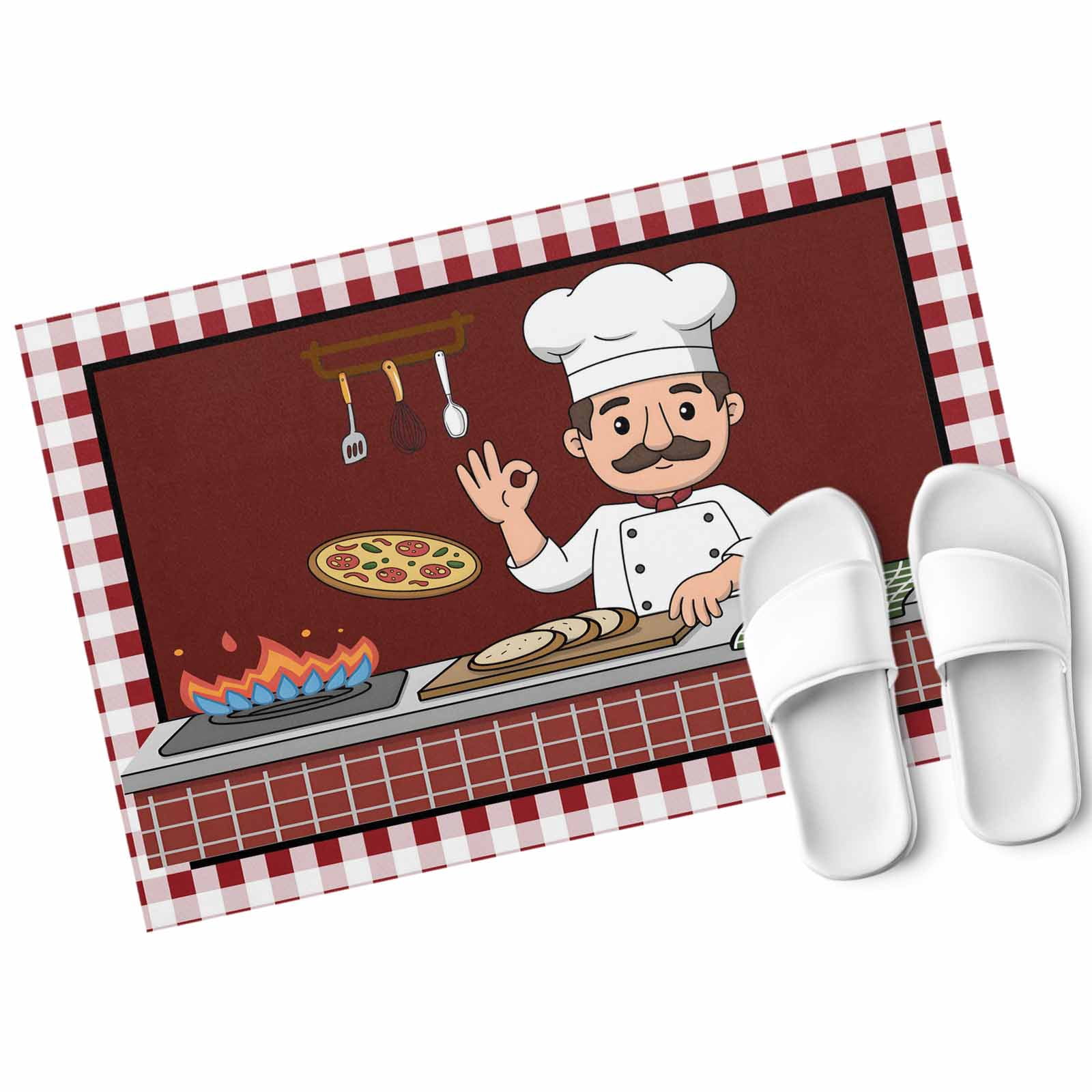Chef Gourmet Kitchen Door Mat Knife And Fork Red Plaid Non Slip ...