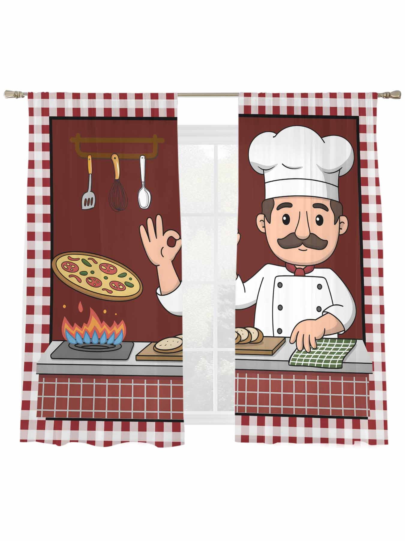 Chef Gourmet Kitchen Sheer Curtains 63 Inch Long 2 Panels, Knife And ...