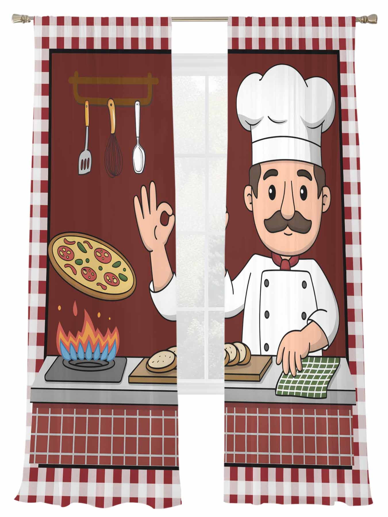Chef Gourmet Kitchen Sheer Curtains 96 Inch Long 2 Panels, Knife And ...