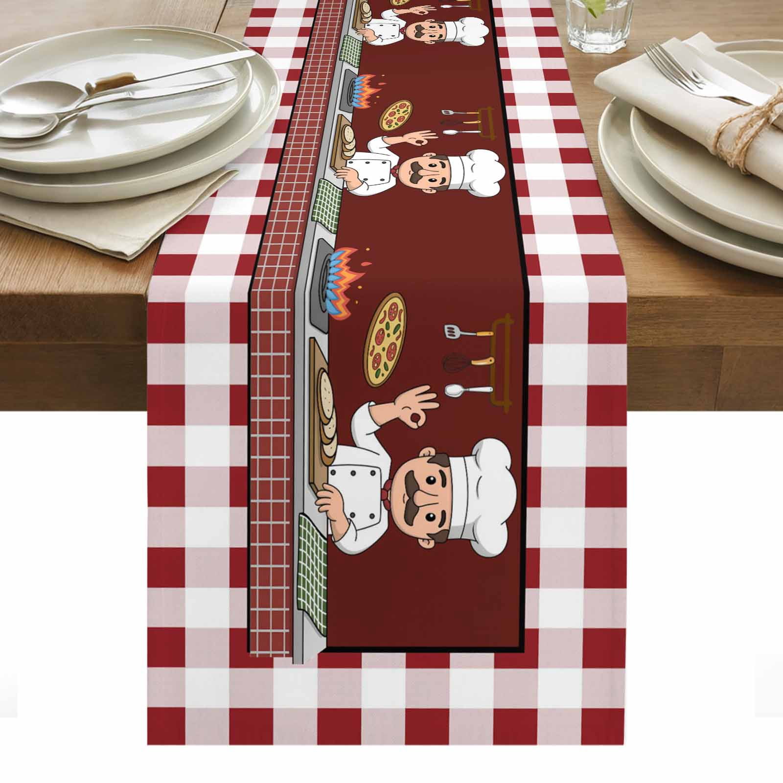 Chef Gourmet Kitchen Table Runner, Knife And Fork Red Plaid Cotton ...