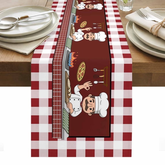 Chef Gourmet Kitchen Table Runner, Knife And Fork Red Plaid Cotton ...