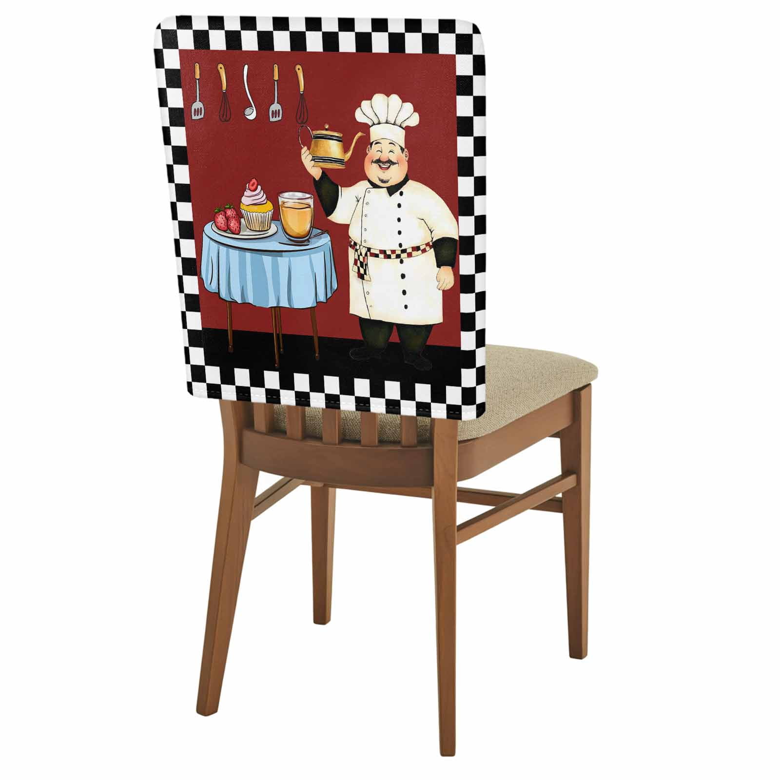 Chef Kitchen Chair Back Covers Set of 2, Gourmet Black White Buffalo ...
