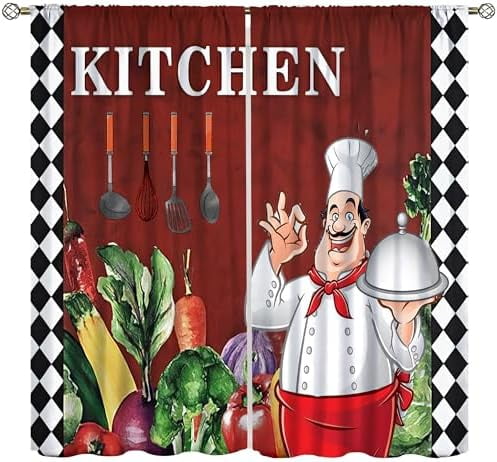 Chef Kitchen Curtain for Window Retro Cartoon Fat Chef Cook Rod Pocket ...