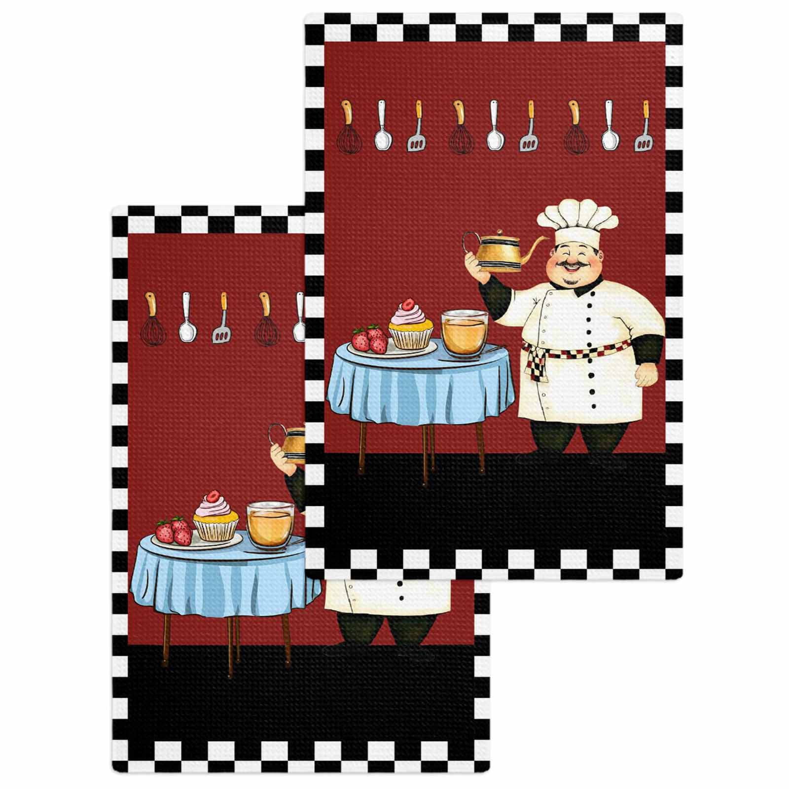 Chef Kitchen Dish Towels for Drying Dishes Set of 2, Cartoon Red Food ...