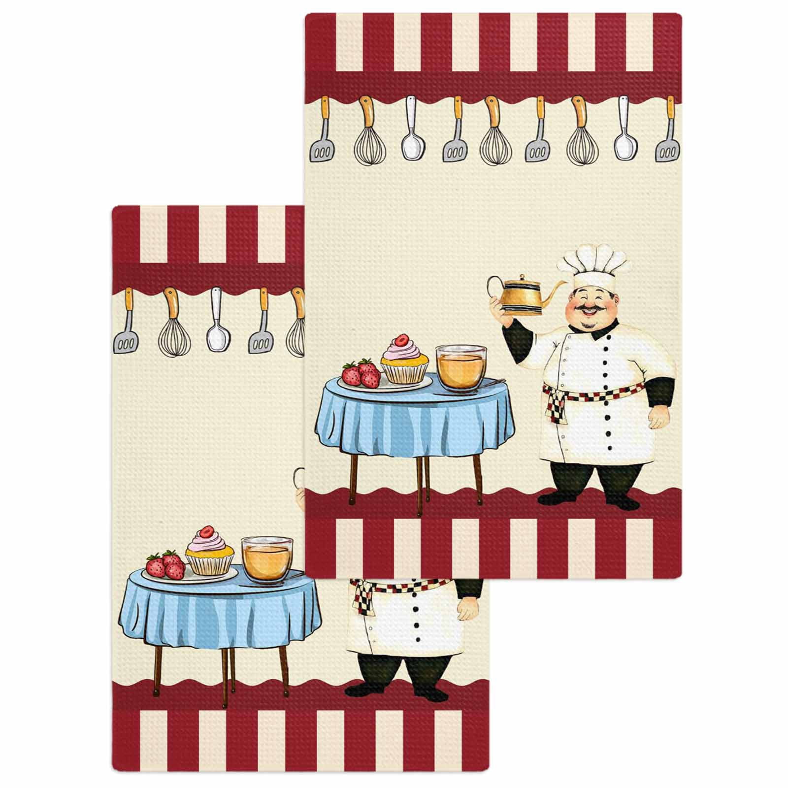 Chef Kitchen Dish Towels for Drying Dishes Set of 2, Red Fruit Cake Hat ...