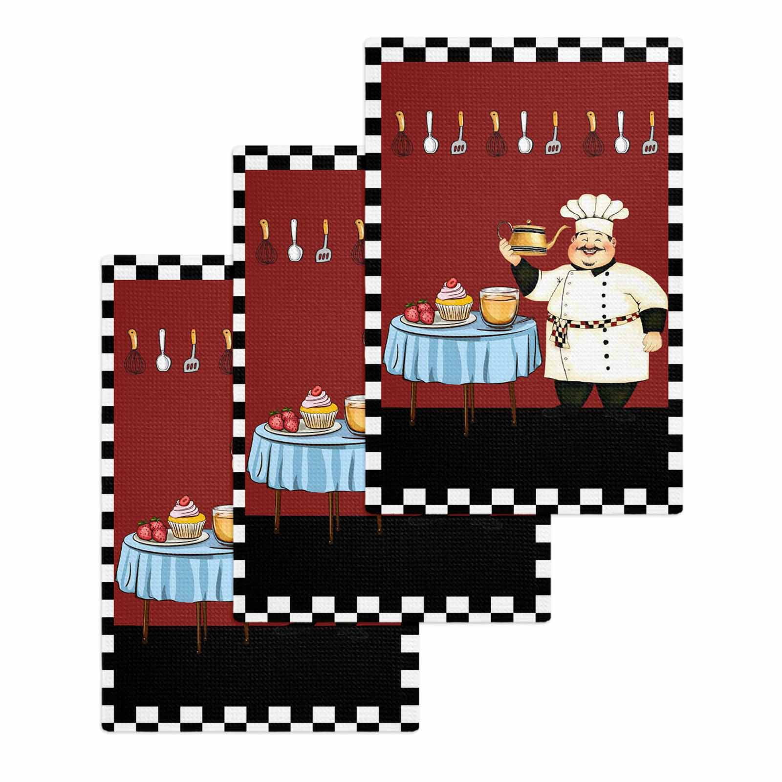 Chef Kitchen Dish Towels for Drying Dishes Set of 3, Cartoon Red Food ...