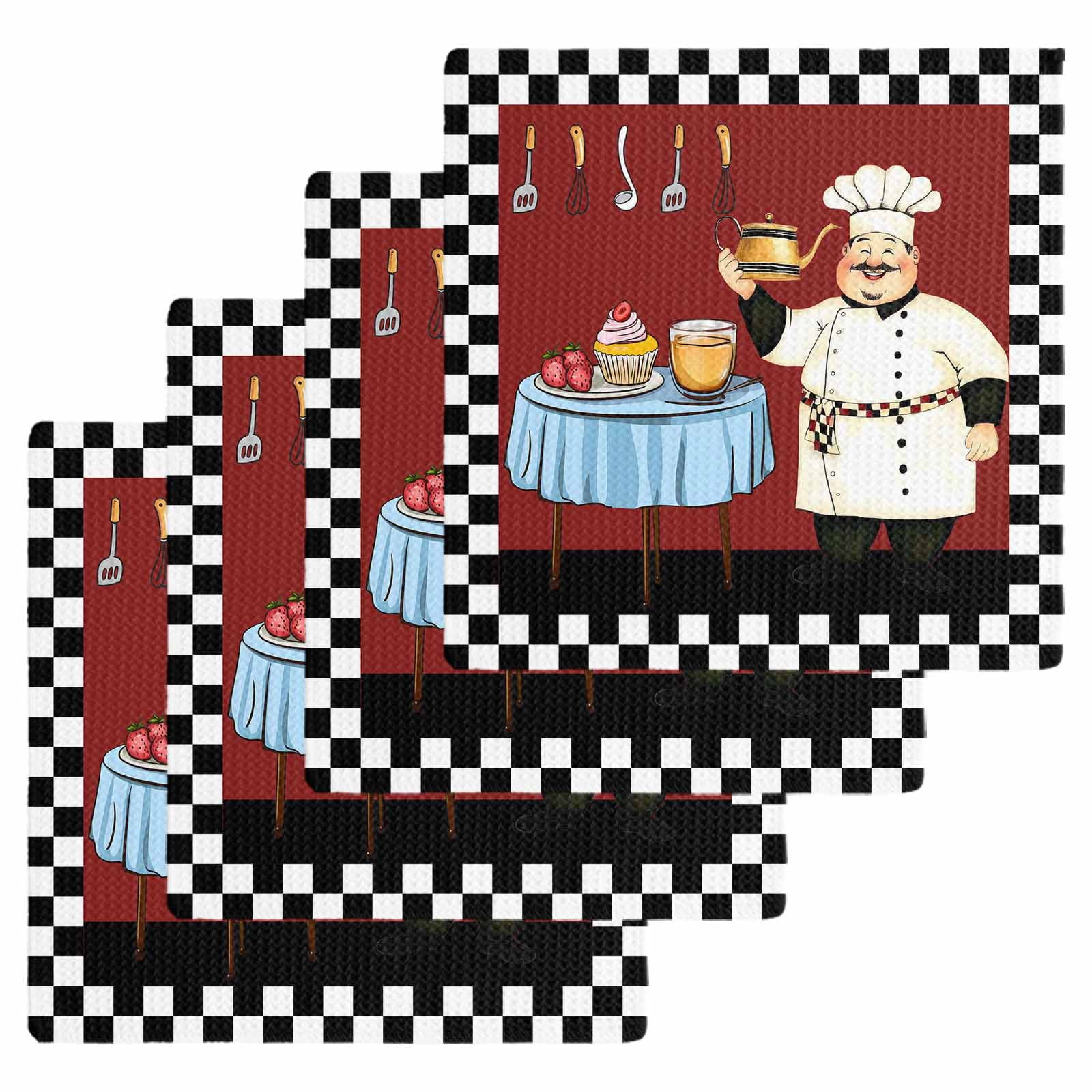 Chef Kitchen Dish Towels for Drying Dishes Set of 4, Cartoon Red Food ...