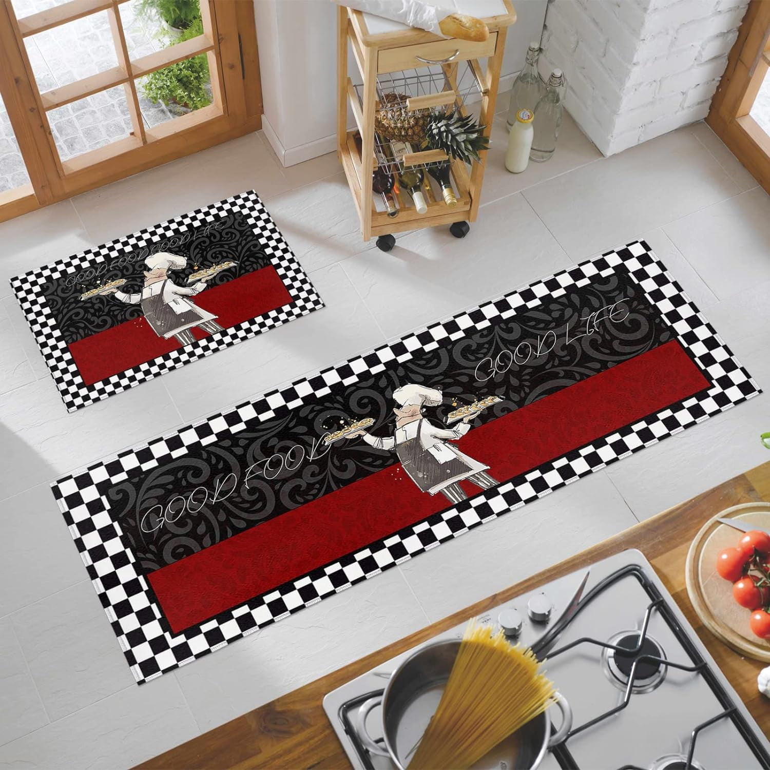 Chef Kitchen Floor Mat Set of 2, Funny Cartoon Figure with Food Buffalo ...