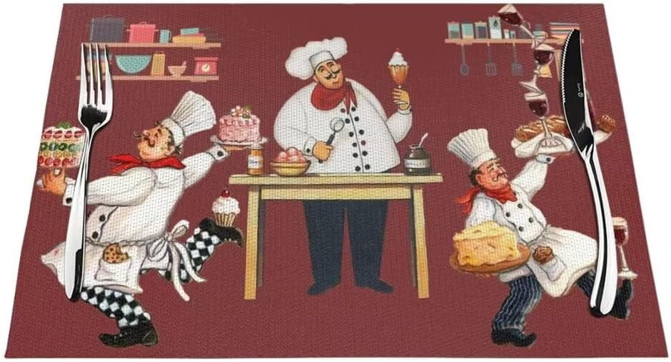Chef Kitchen Print Place Mats Set of 4, Retro Chef Restaurant Kitchen ...
