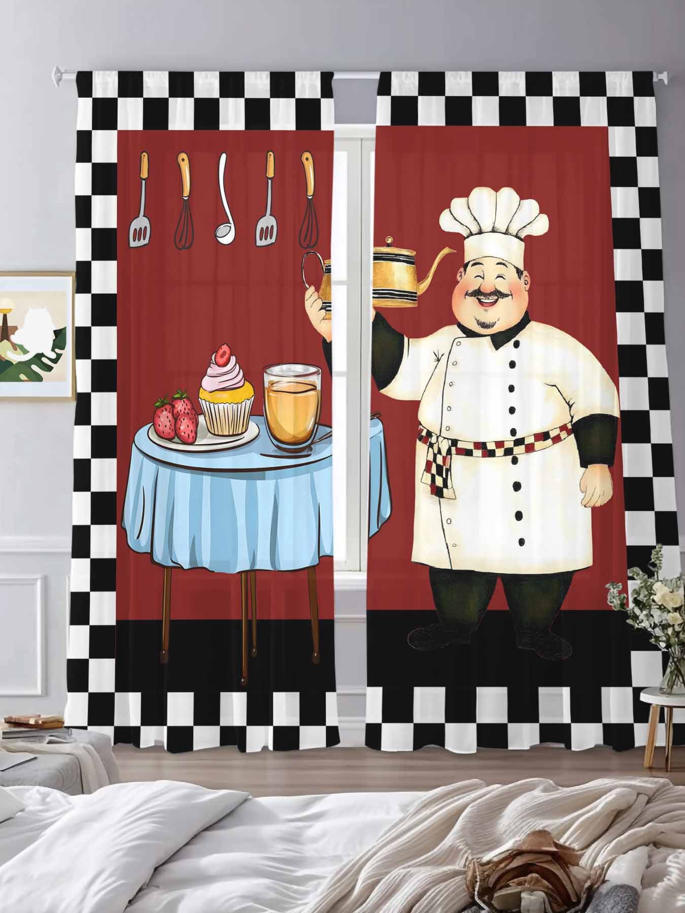 Chef Kitchen Sheer Curtains 84 Inches Long 2 Panels, Semi Sheer Rod ...