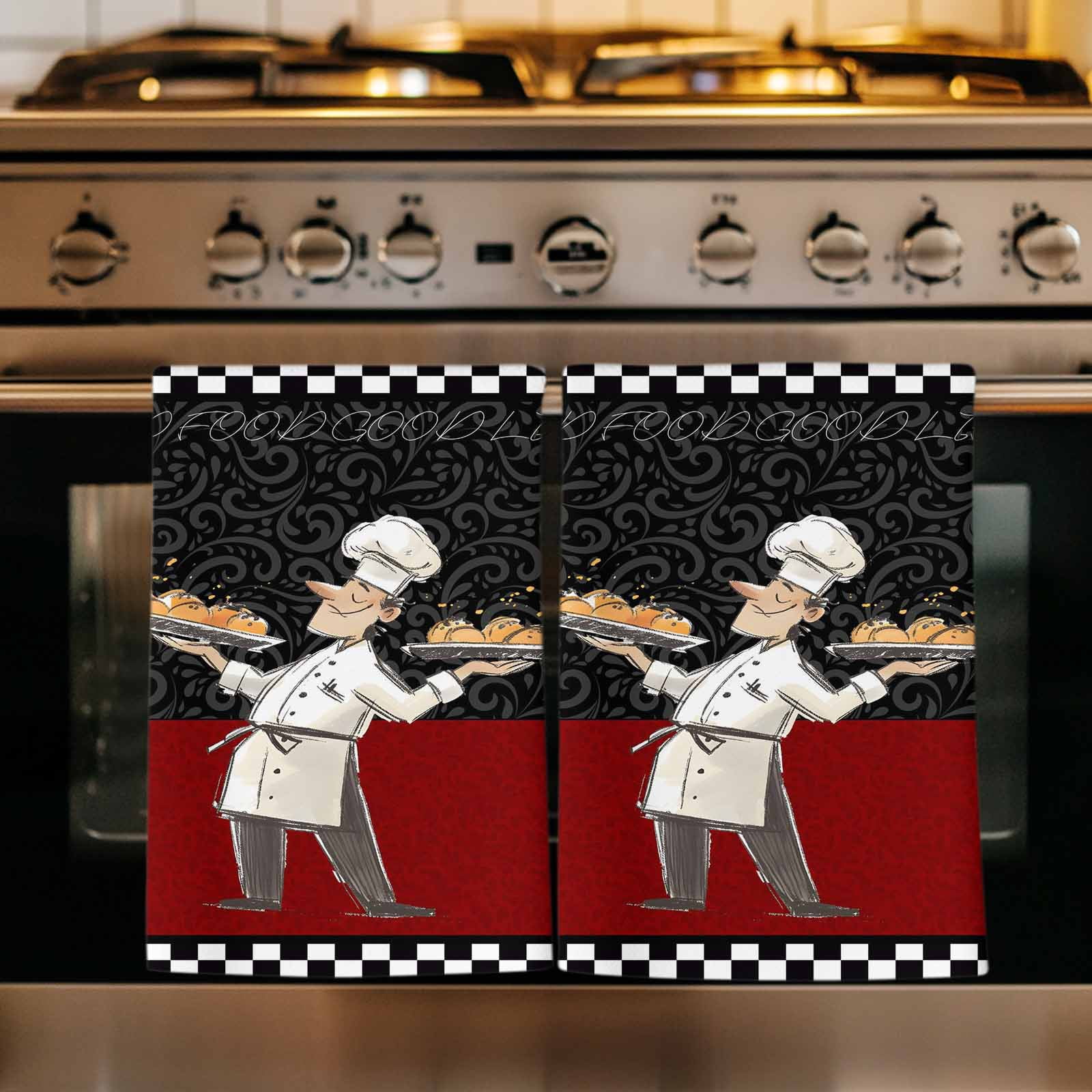 Chef Kitchen Towels Set of 2, Cartoon Cute Watercolor Cooking Red Black ...