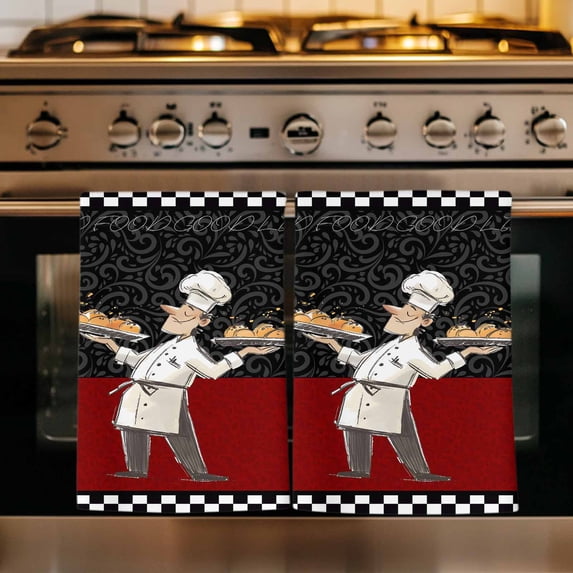 Chef Kitchen Towels Set of 2, Cartoon Cute Watercolor Cooking Red Black ...