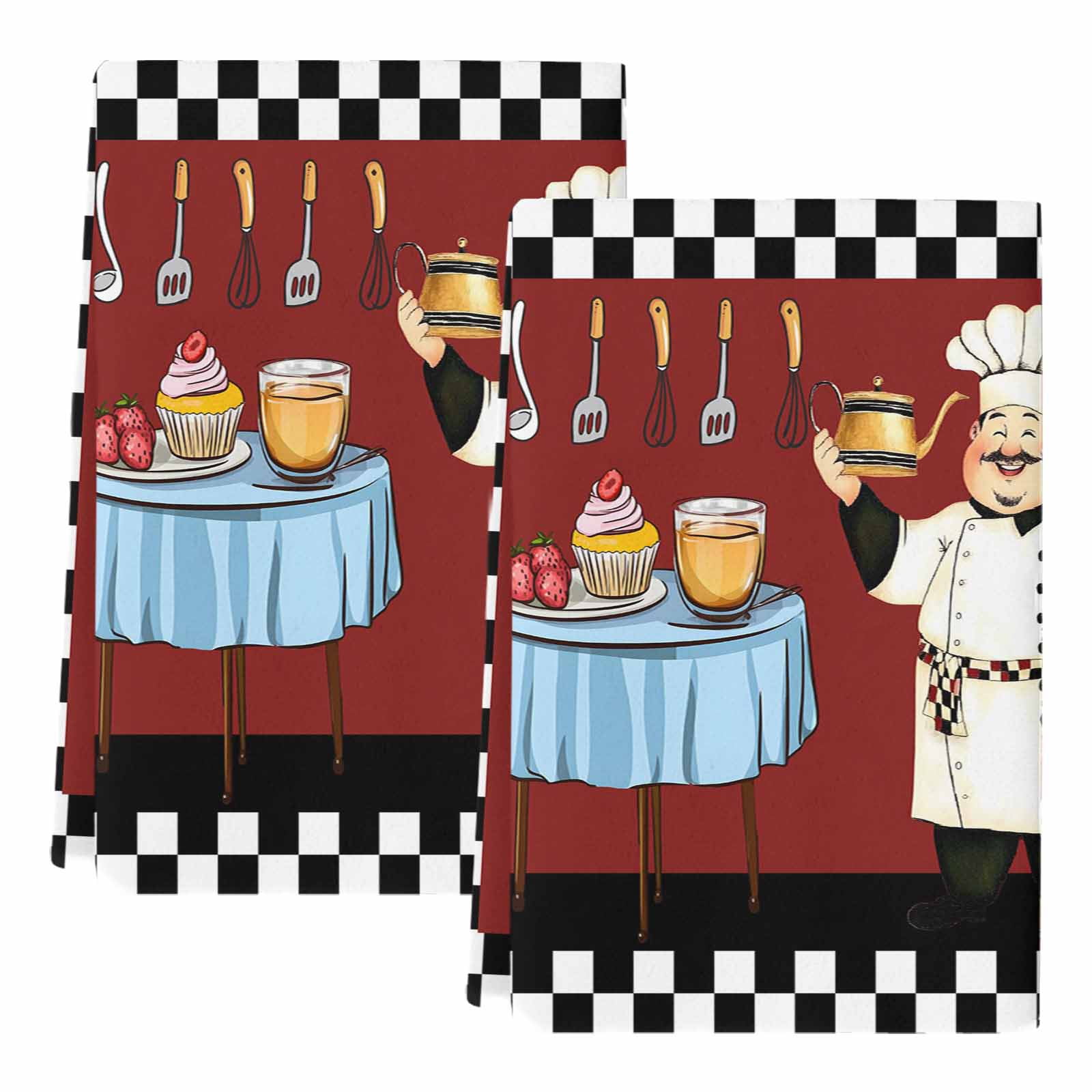 Chef Kitchen Towels Set of 2, Cartoon Red Food Cooking Black White ...