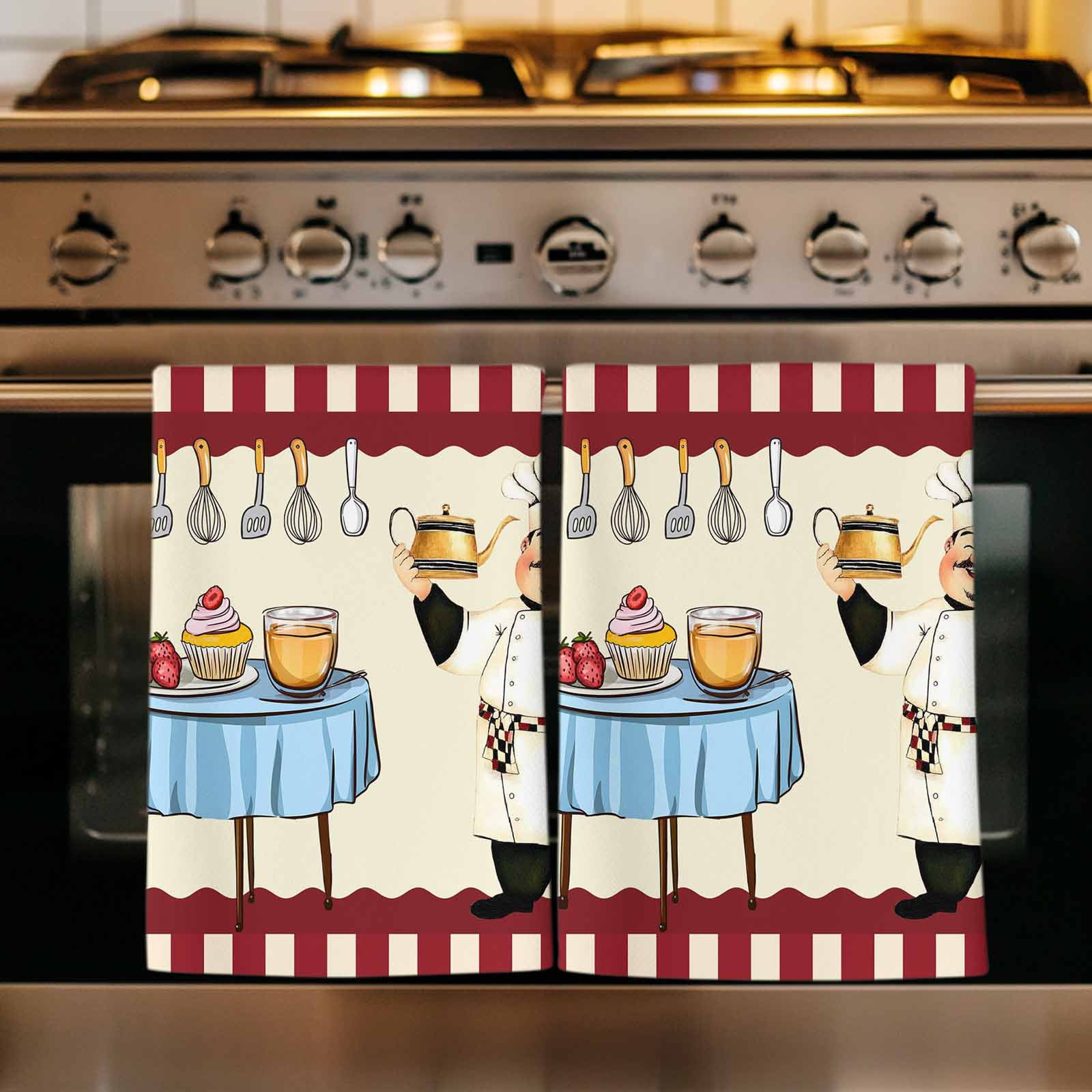 Chef Kitchen Towels Set of 2, Red Fruit Cake Hat Kitchen Gourmet ...