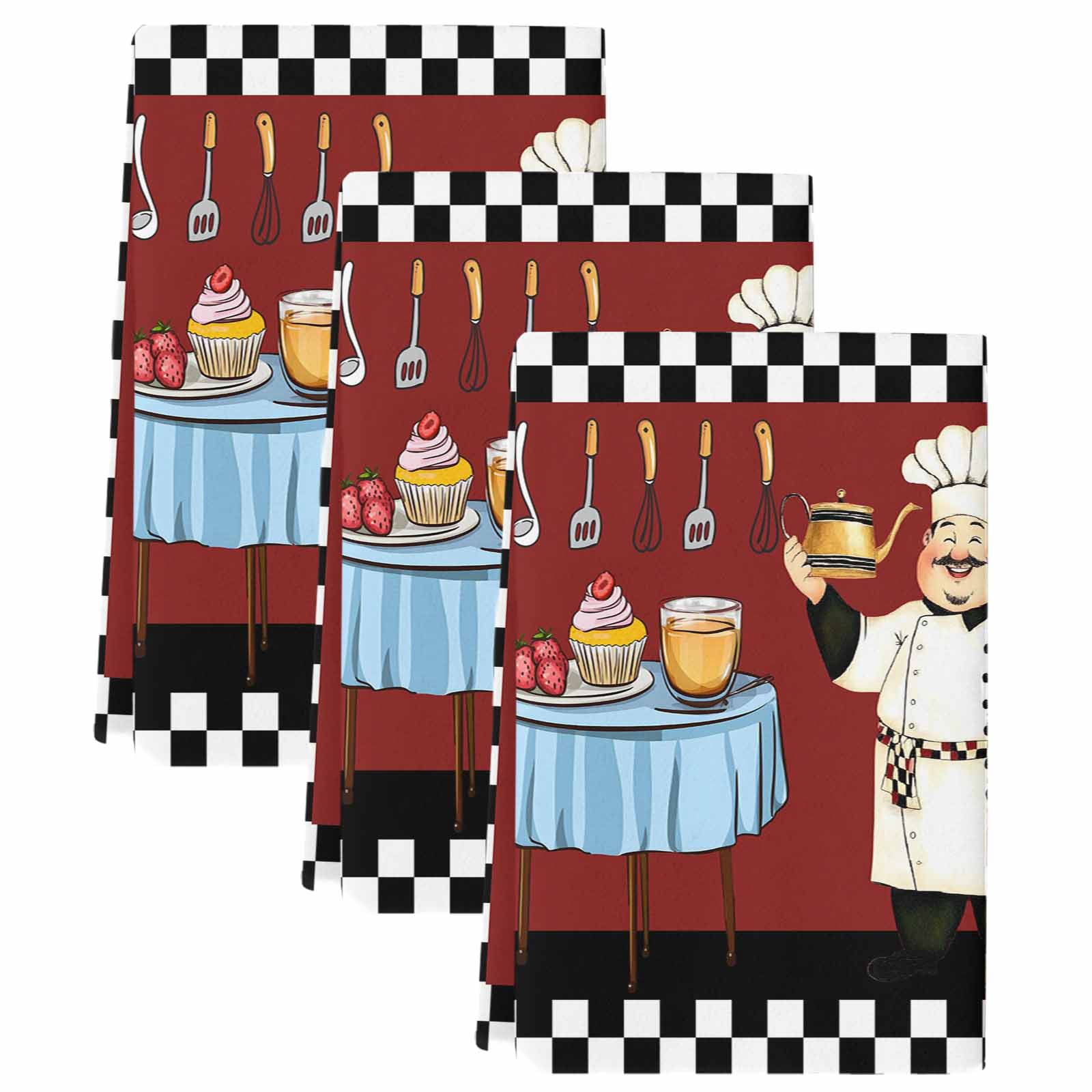 Chef Kitchen Towels Set of 3, Cartoon Red Food Cooking Black White ...