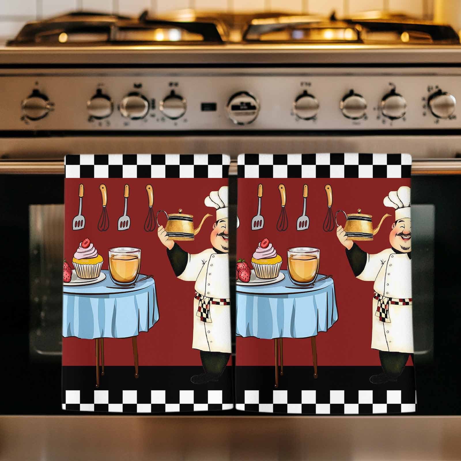 Chef Kitchen Towels Set of 4, Cartoon Red Food Cooking Black White ...