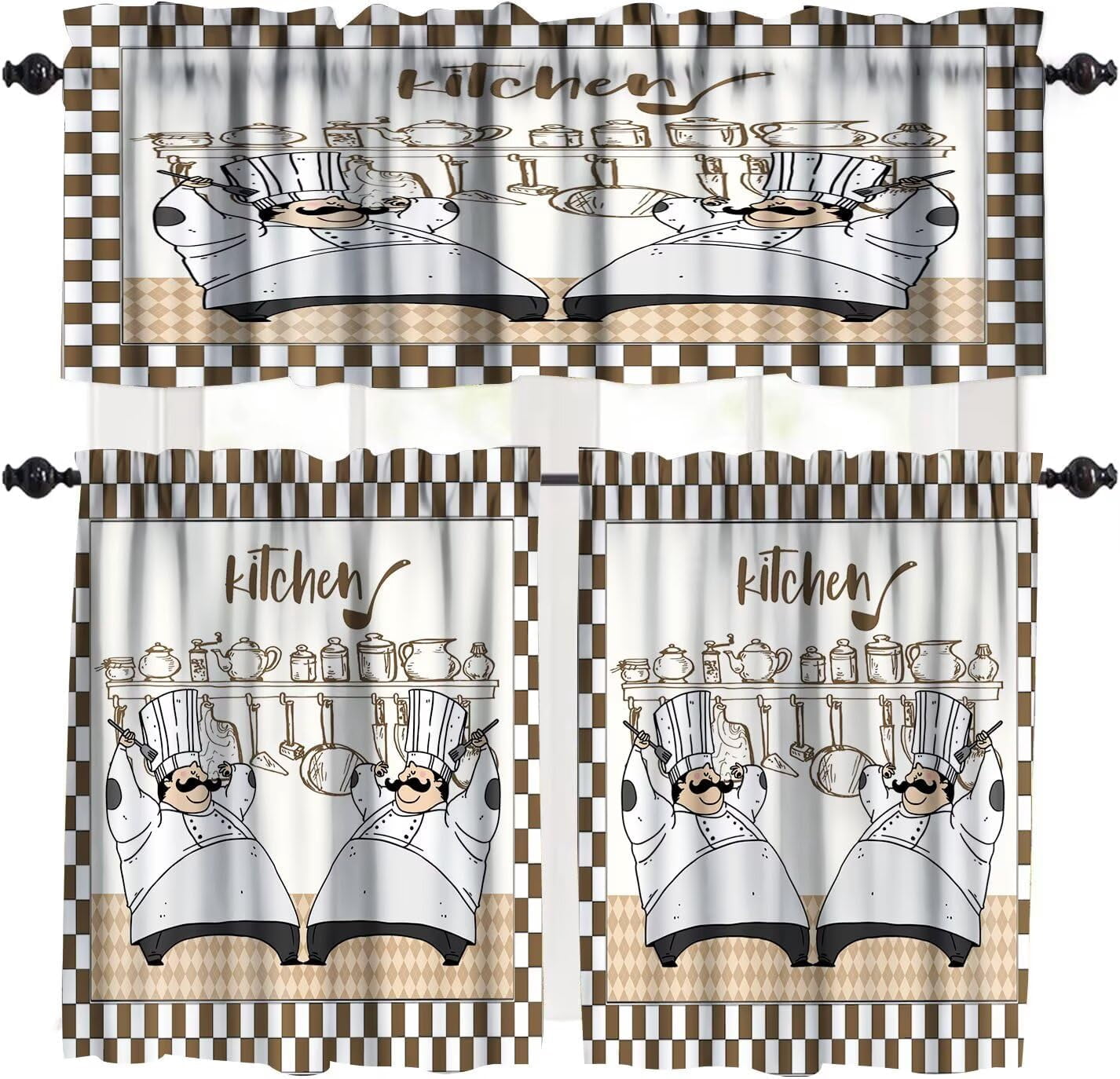 Chef Kitchen Valances,Fat Funny Chef Cook Theme Beige Buffalo Check ...