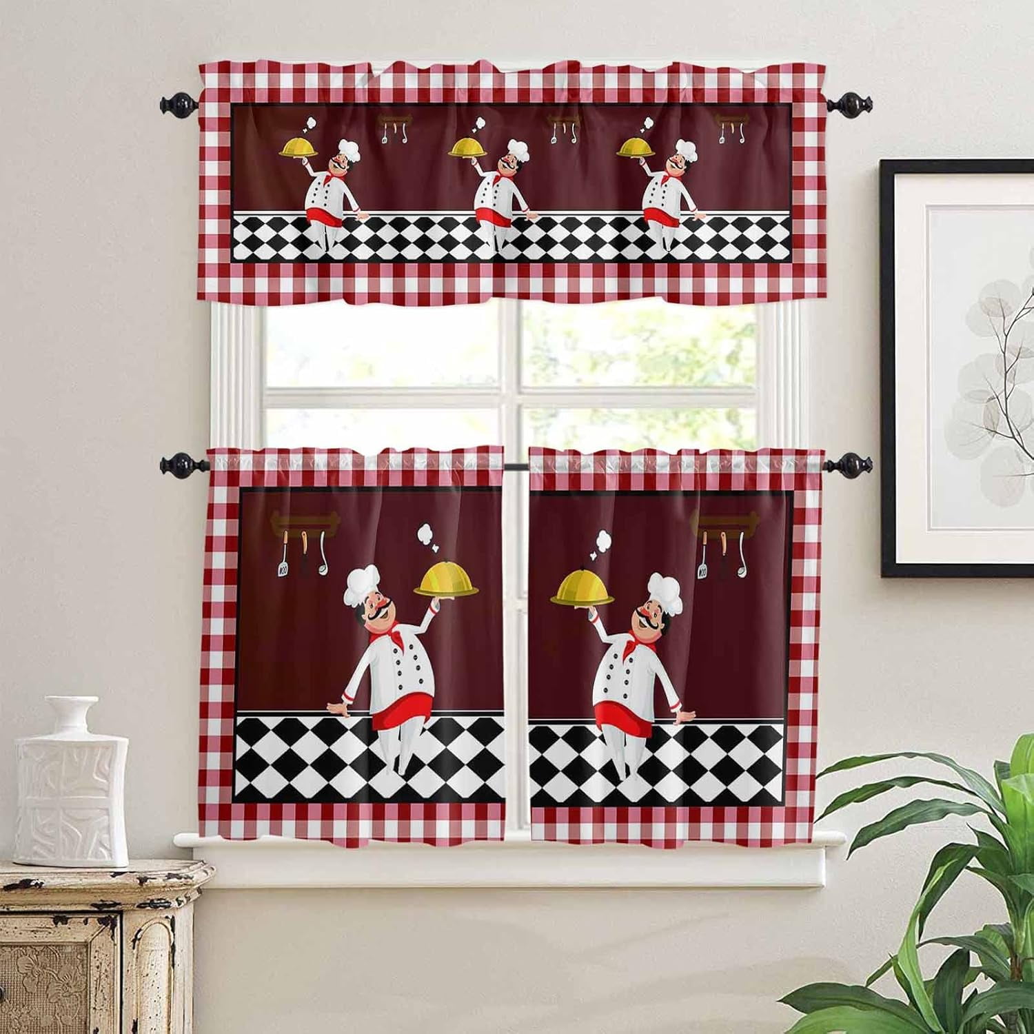 Chef Kitchen Window Curtain Set with Tiers and Valance, 3 Pieces Rod ...