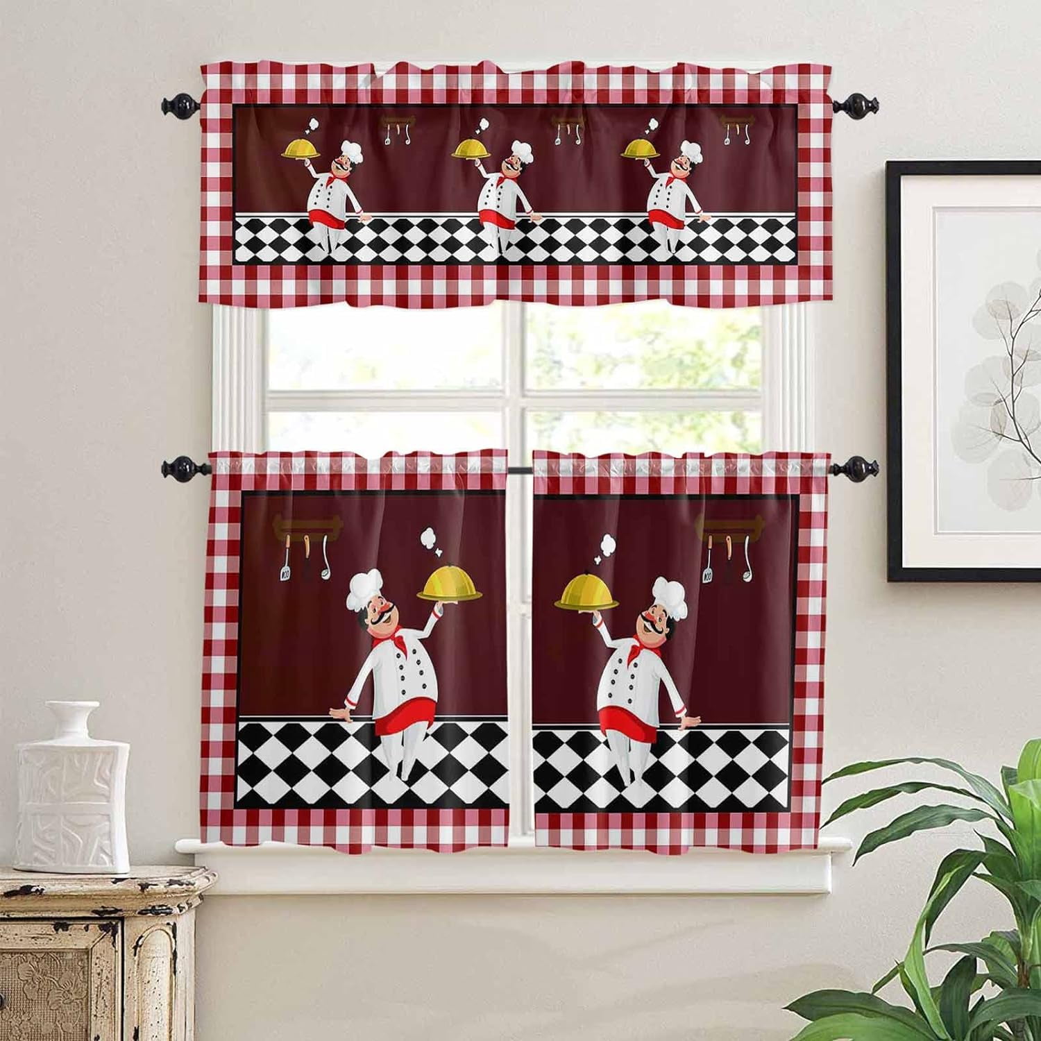 Chef Kitchen Window Curtain Set with Tiers and Valance, 3 Pieces Rod ...