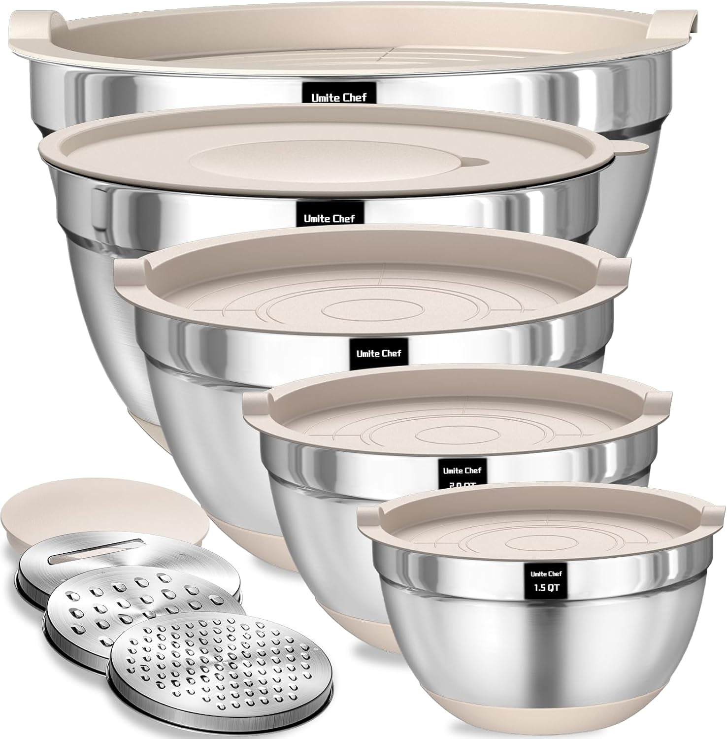 Chef Mixing Bowls with Airtight Lids Set, Stainless Steel Khaki Nesting ...