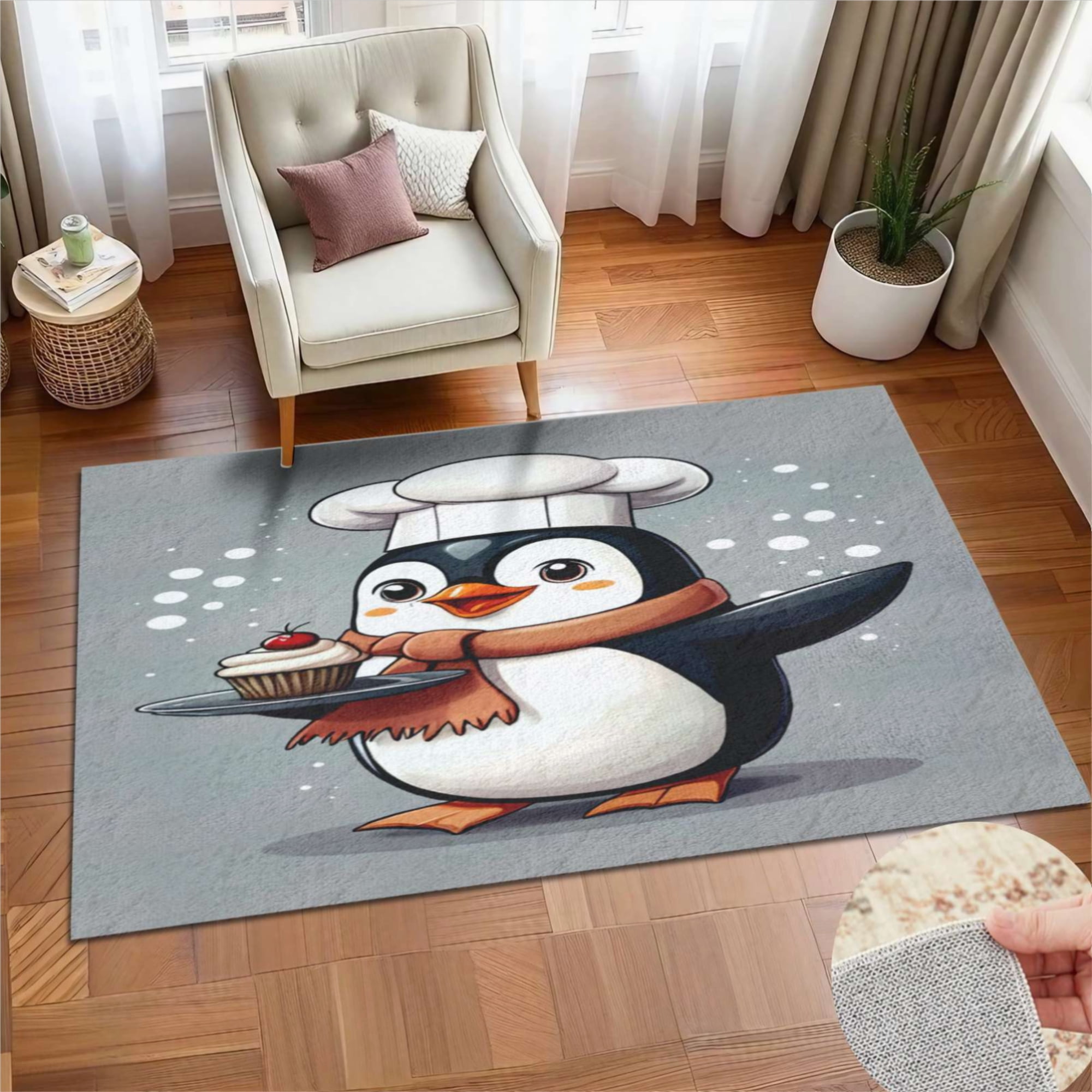 Chef Penguin Cupcake Soft Large Area Rugs Washable Rug With Non-Slip ...