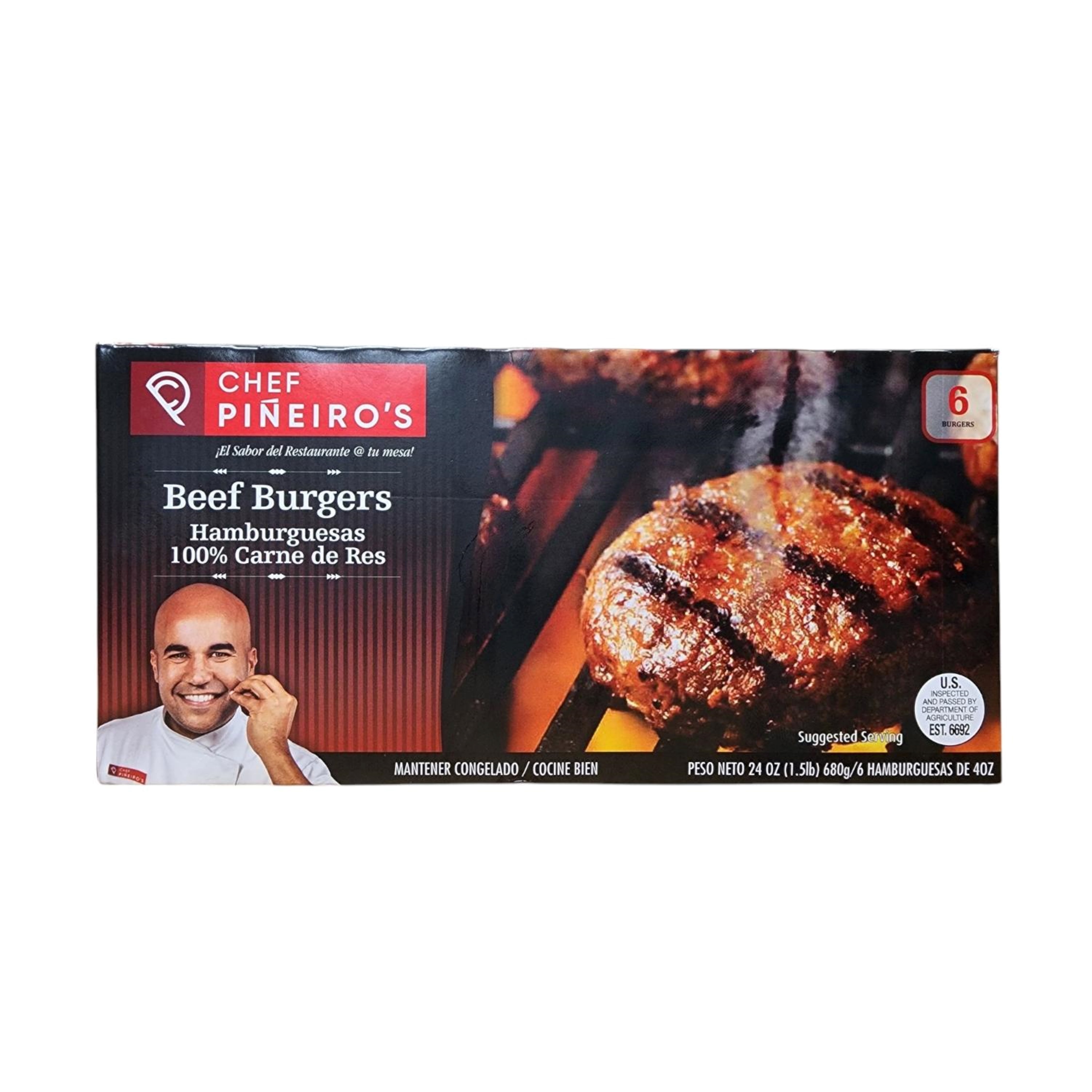 Chef Piñeiro Beef Hamburgers, 100% Beef, 24oz, 6 Count, Frozen, Box ...