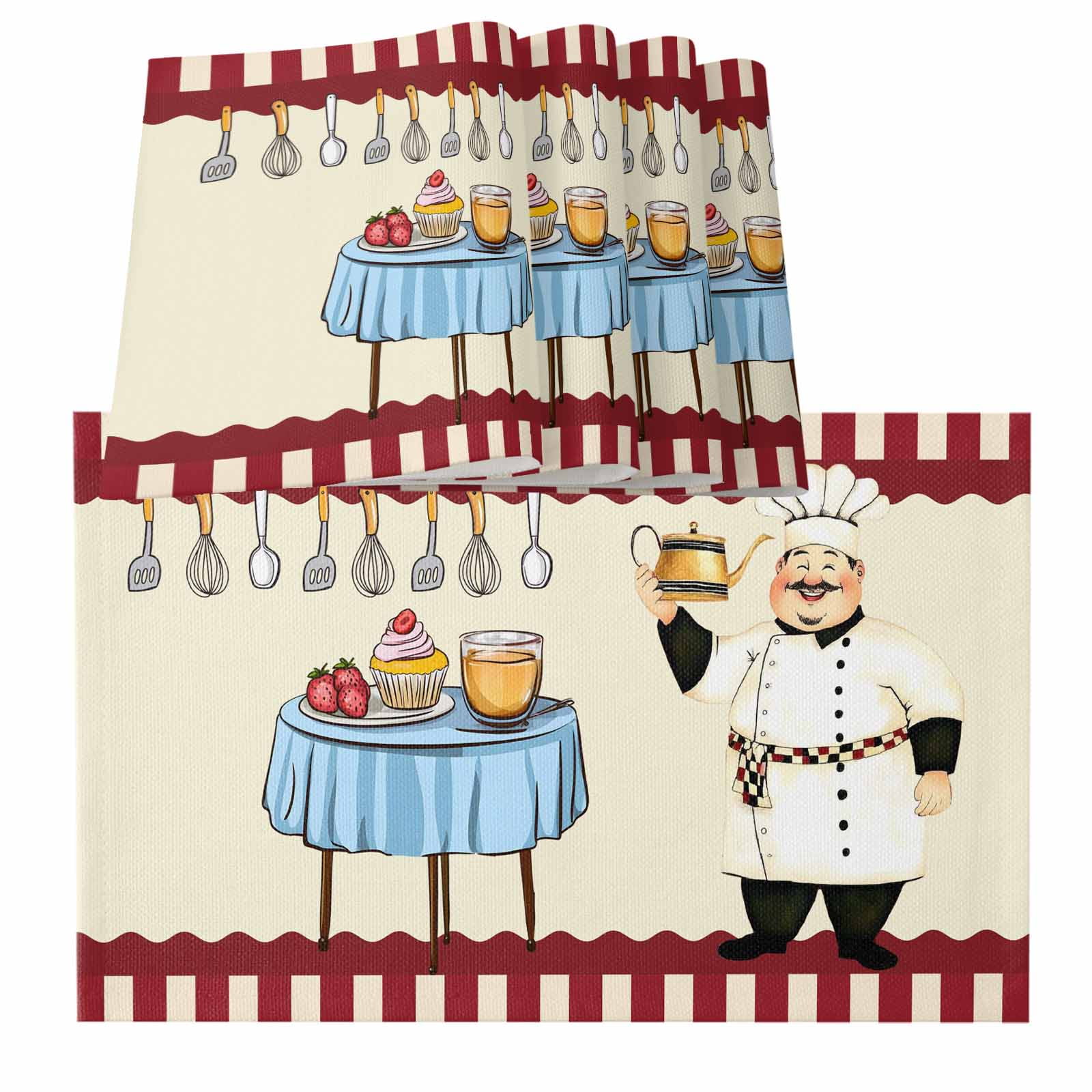 Chef Placemats for Dinning Table Set of 6, Red Fruit Cake Hat Kitchen ...