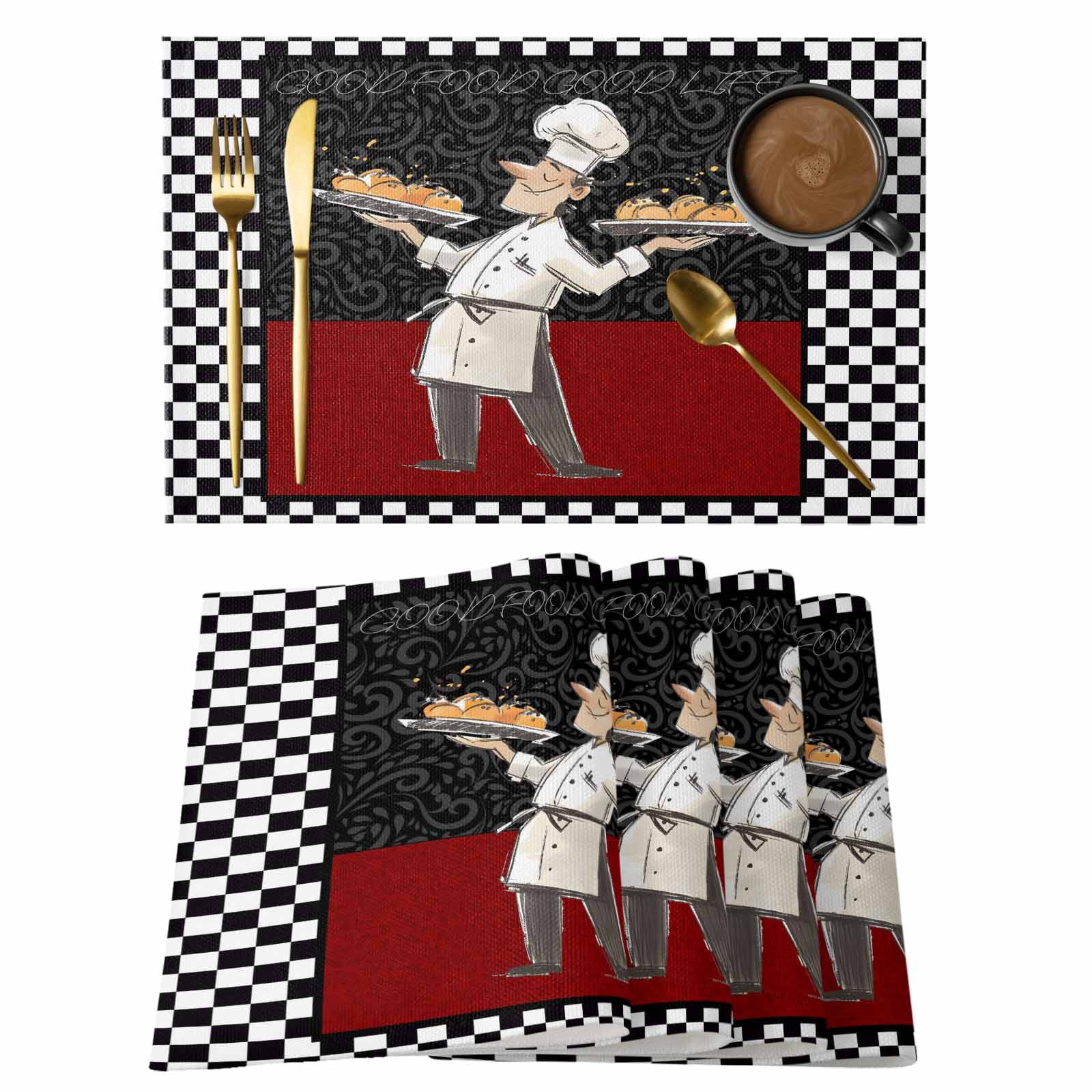 Chef Placemats Set of 4 Cartoon Cute Watercolor Cooking Red Black Place ...